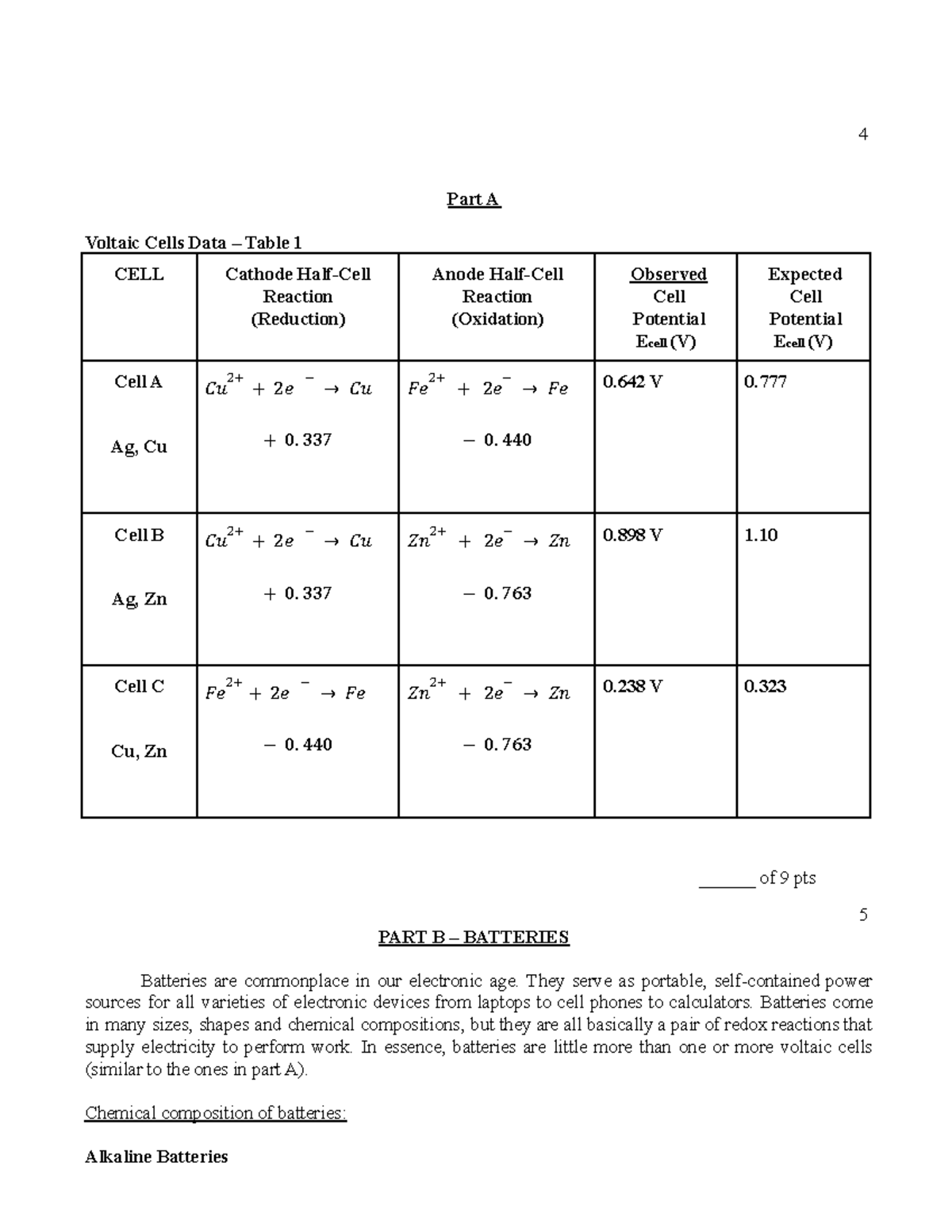 Voltaic cells () - 4 Part A Voltaic Cells Data – Table 1 CELL Cathode ...