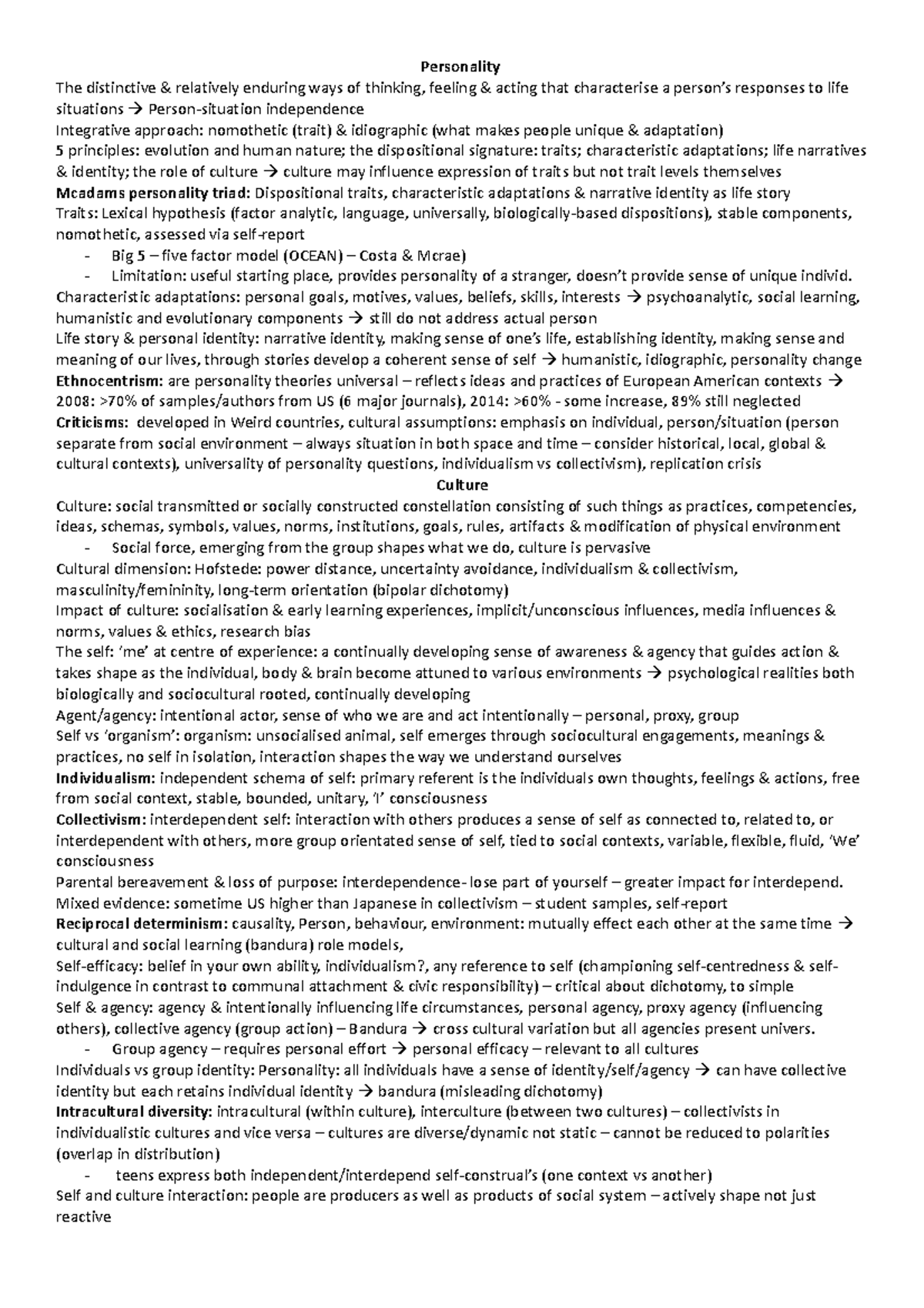 Personality summary notes - Personality The distinctive & relatively ...