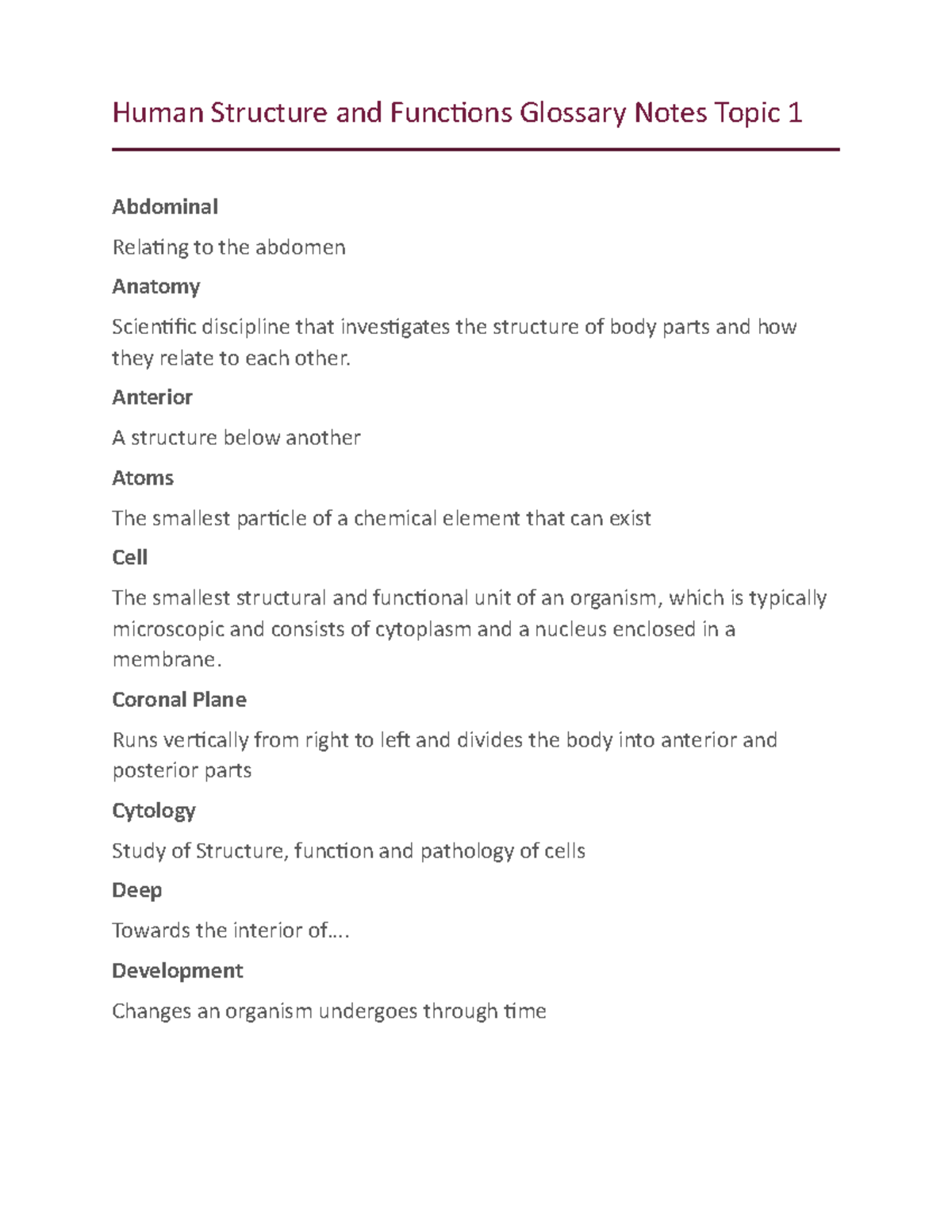 Human Structure and Functions Glossary Notes - Anterior A structure ...