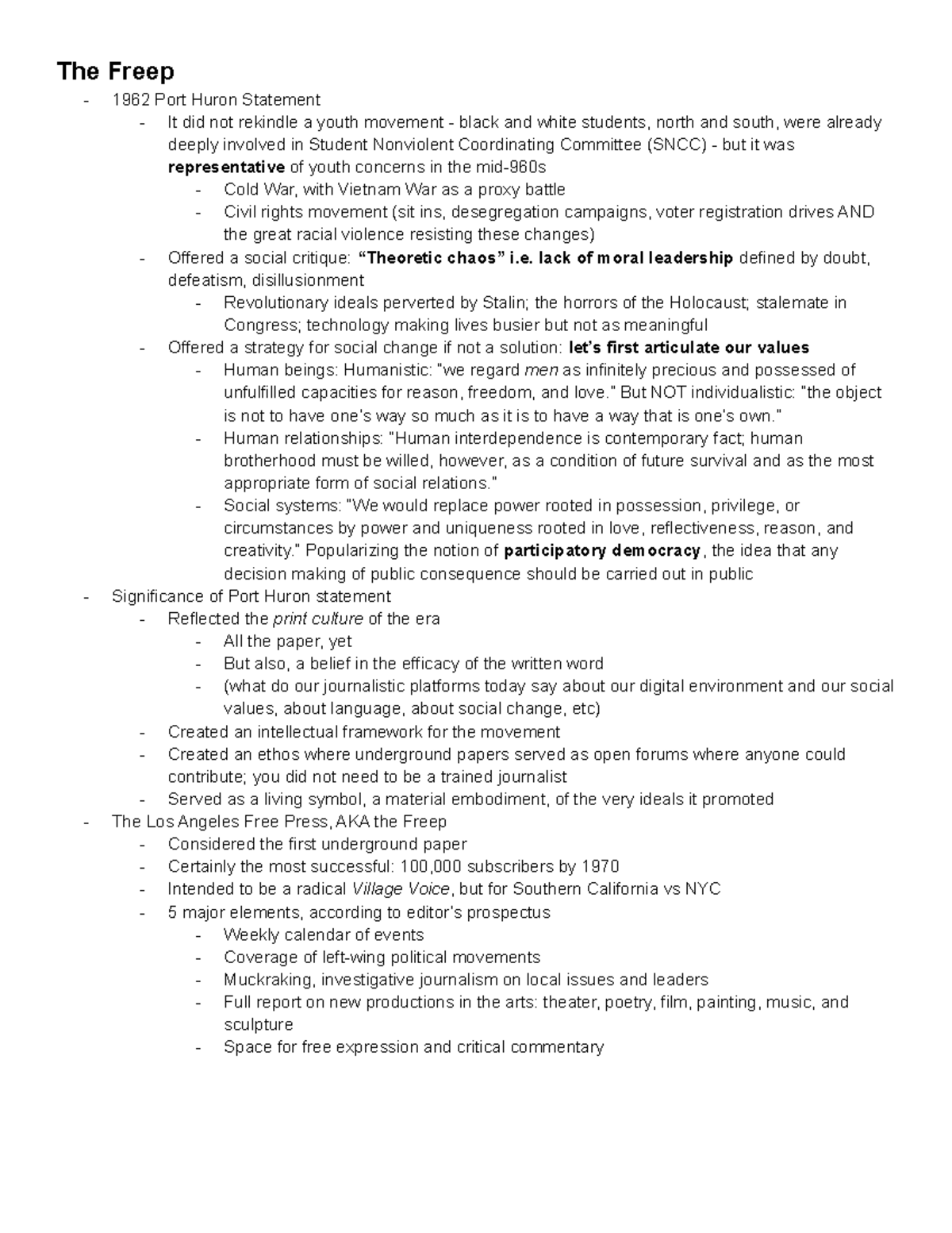 Jan 24 Lecture The Freep - The Freep 1962 Port Huron Statement It did ...