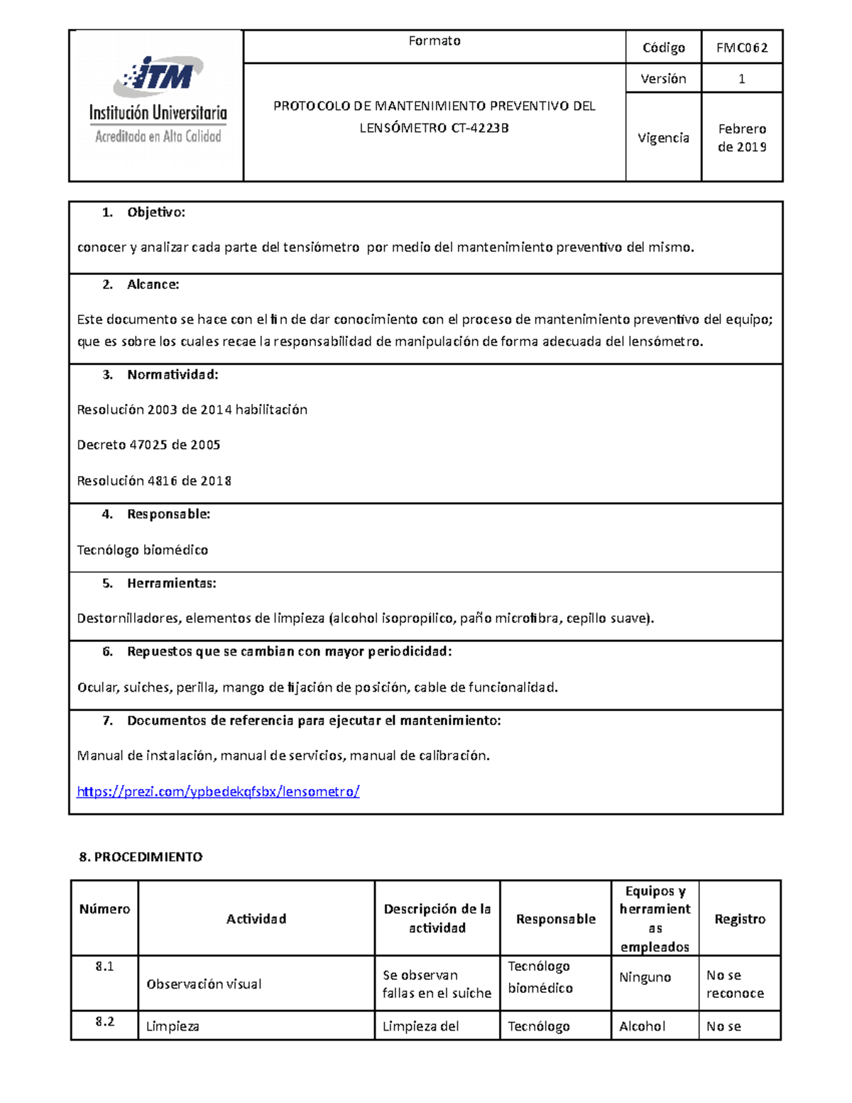 Protocolo de Mtto de Equipos biomédicos I - Formato Código FMC PROTOCOLO DE MANTENIMIENTO ...