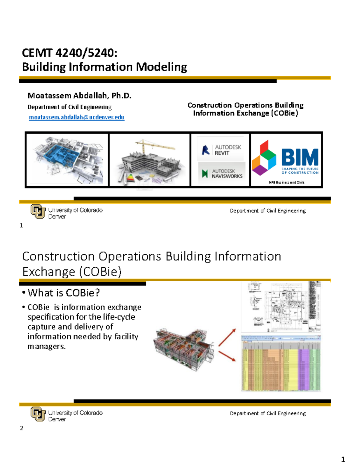 2.3 COBie (BIM) - Department of Civil Engineering CEMT 4240/5240: Building Information Modeling ...