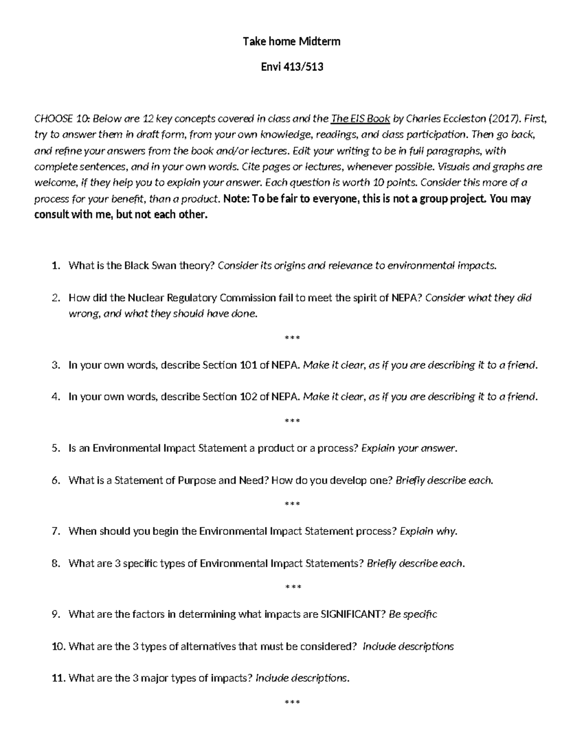 Midterm 2024 - Take home Midterm Envi 413/ CHOOSE 10: Below are 12 key ...