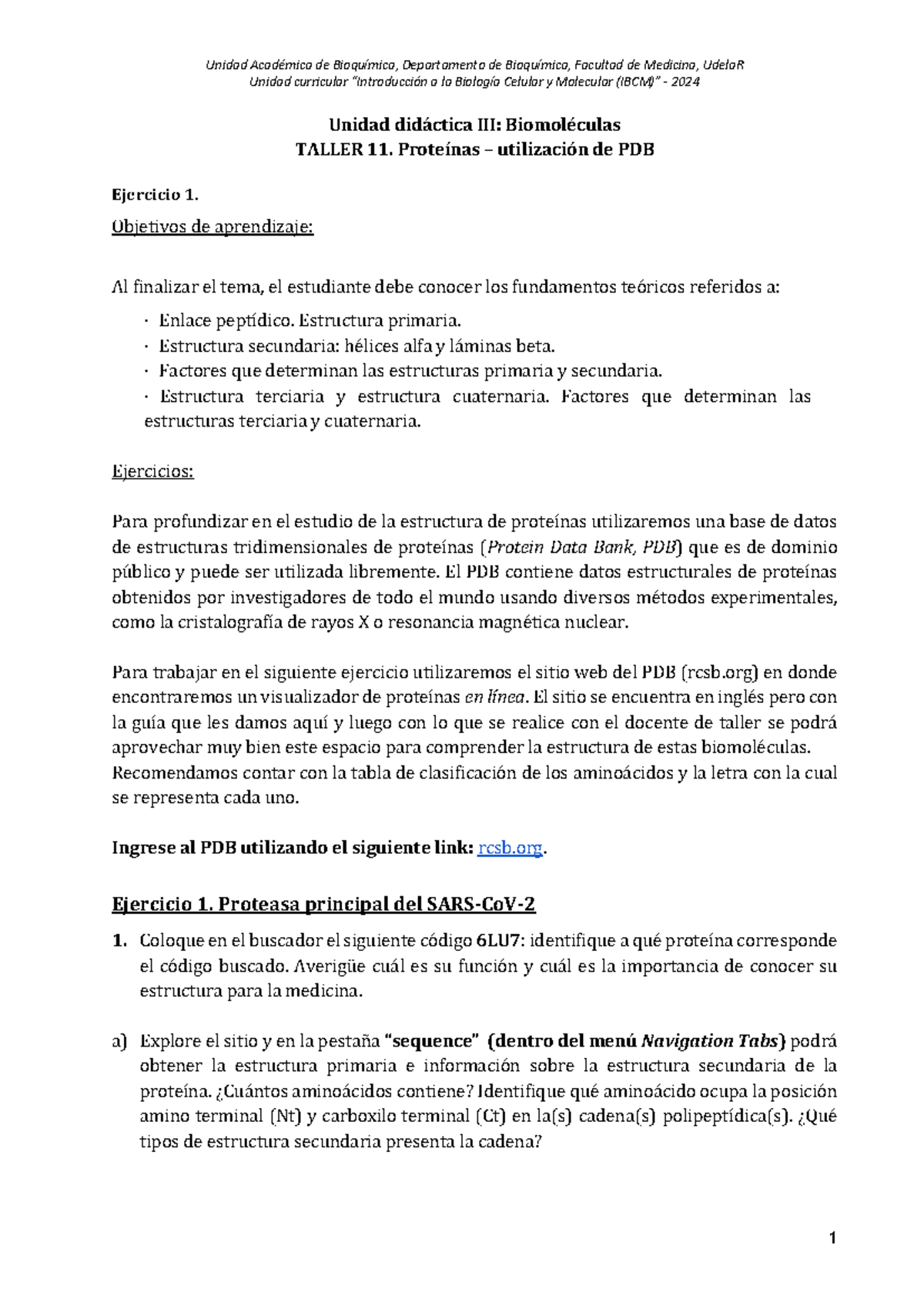 Complemento taller presencial de proteinas uso del pdb - Unidad curricular “Introducción a la ...