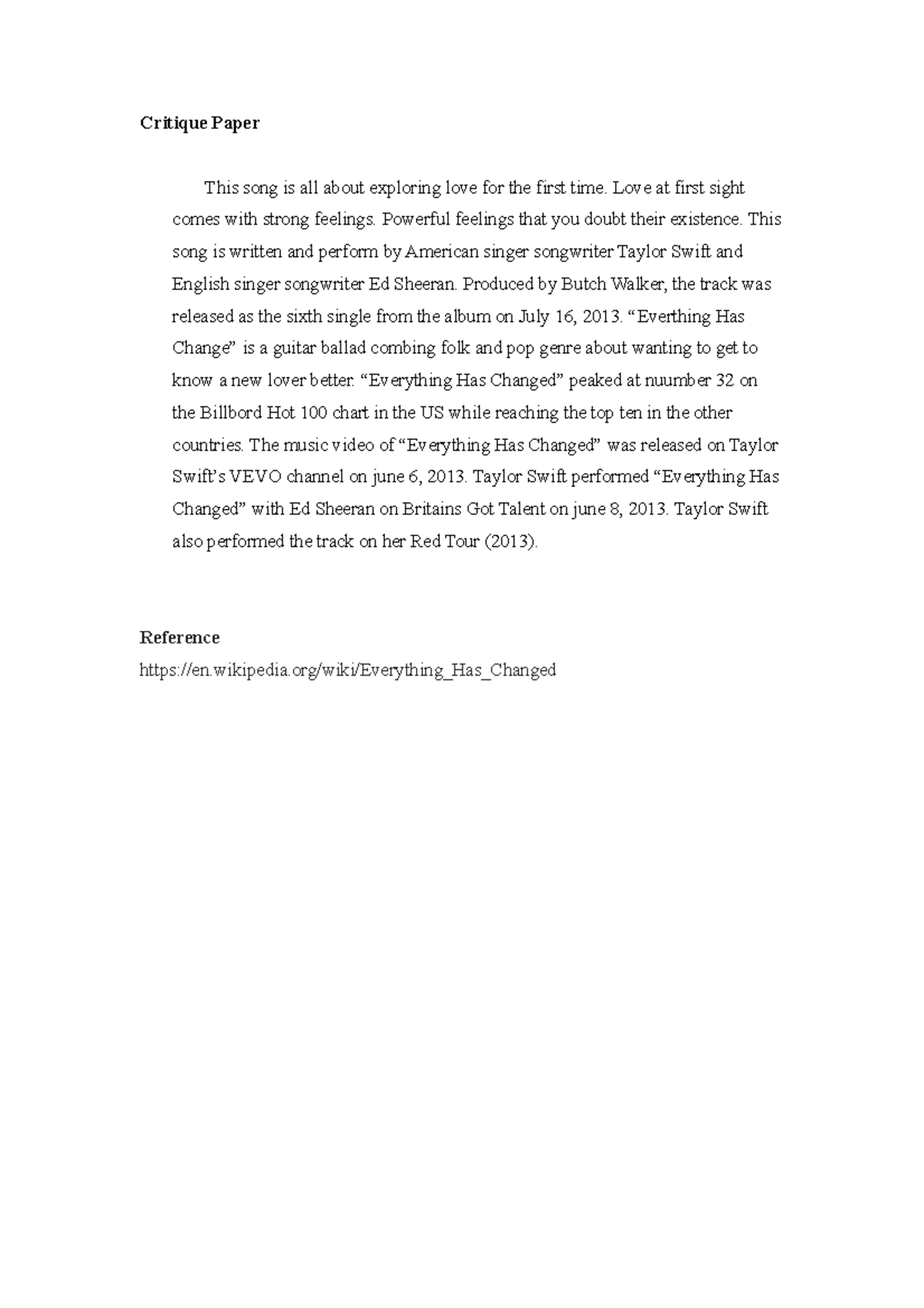 Critique-Paper - critique, research - Critique Paper This song is all ...