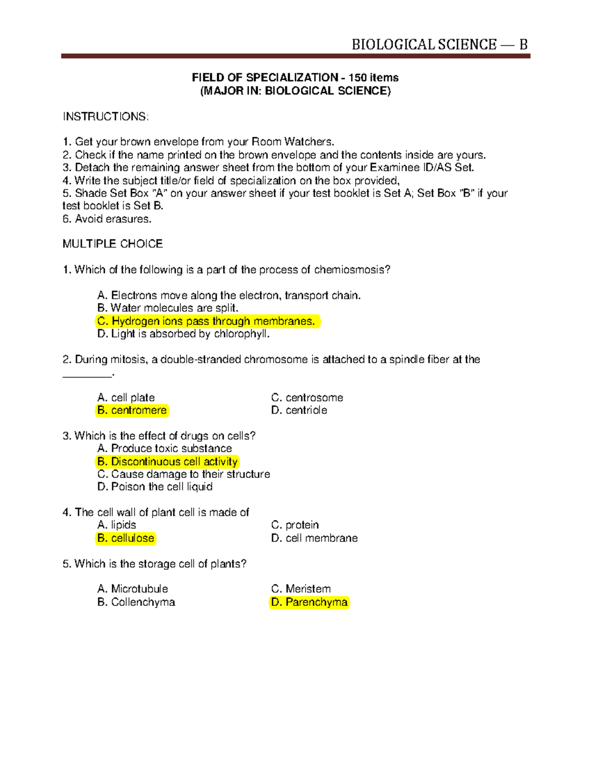 Biological-Science-Preboard - FIELD OF SPECIALIZATION - 150 items ...