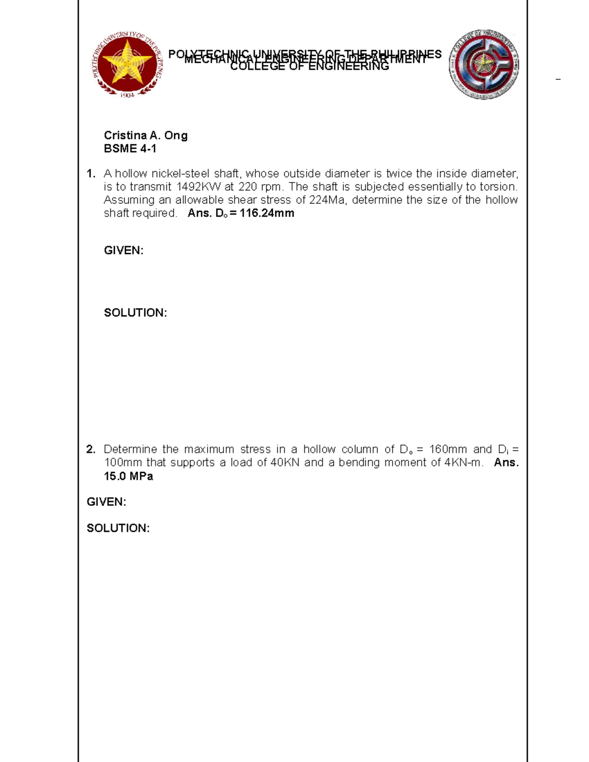 MD Problem SET 1 - Cristina A. Ong BSME 4- A hollow nickel-steel shaft, whose outside diameter ...