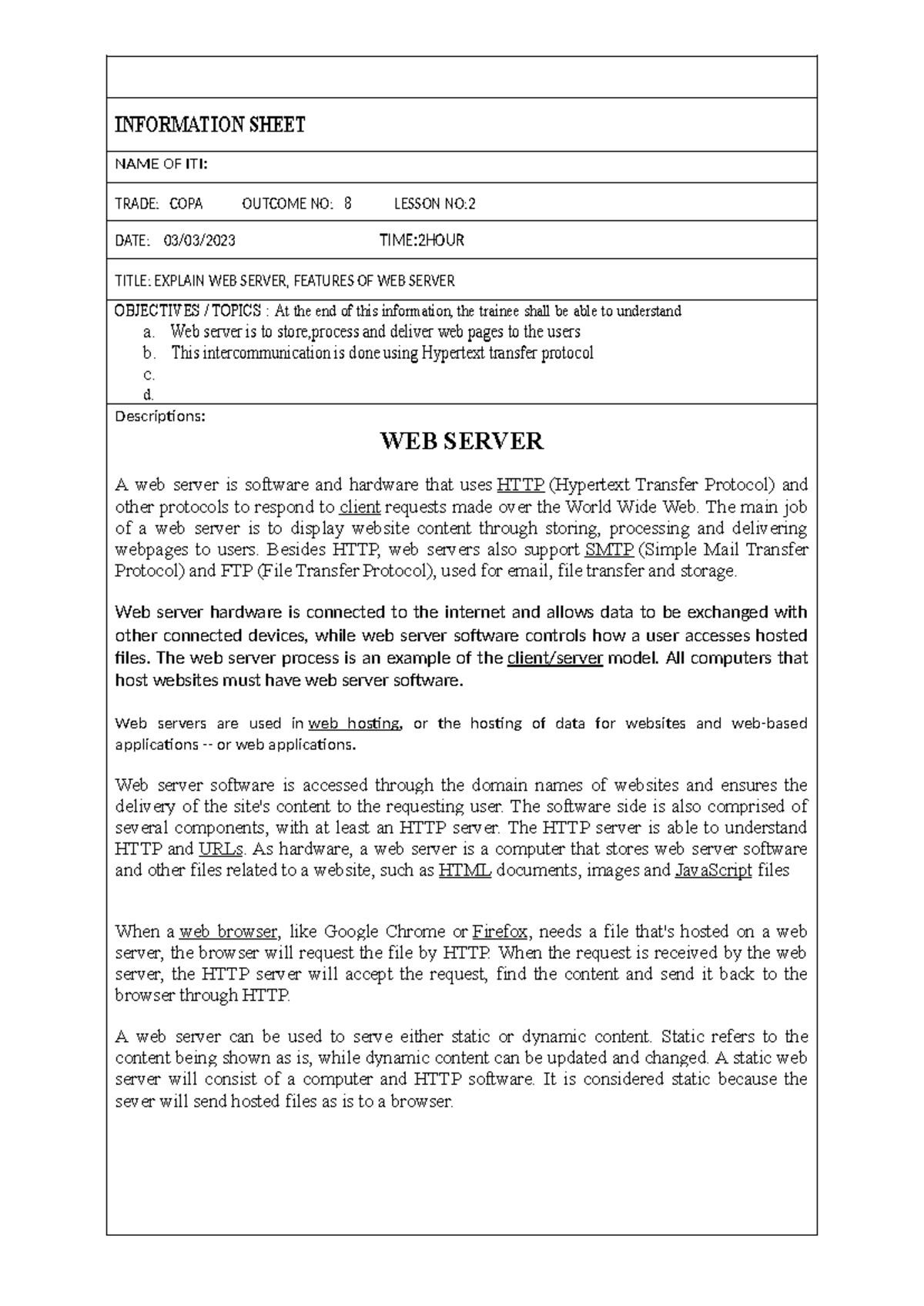 1 - EXPLAIN WEB SERVER, FEATURES OF WEB SERVER - INFORMATION SHEET NAME ...