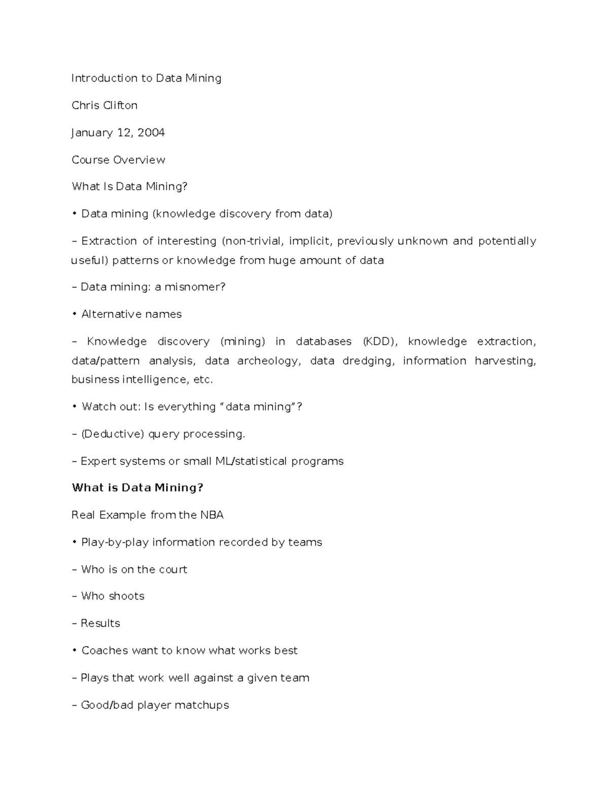 Introduction to Data Mining - Notes 1 - Introduction to Data Mining ...