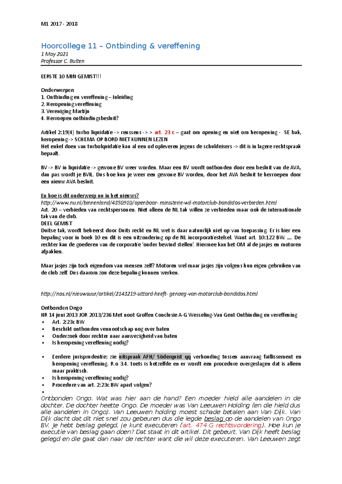 HC 11 – Ontbinding en vereffening - M1 2017 - 2018 Hoorcollege 11 ...