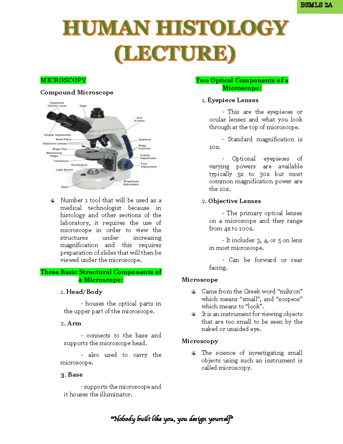 Histology-Lecture Trans 1 notes - MICROSCOPY Compound Microscope Number ...