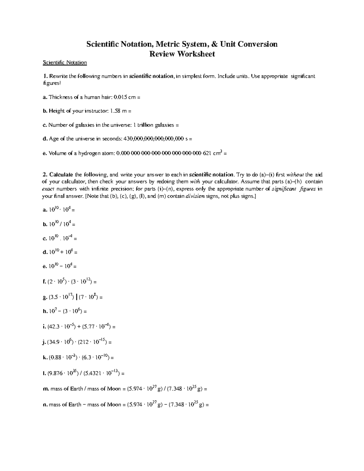 Scientific Notation, Metric System, & Unit Conversion - Scientific ...