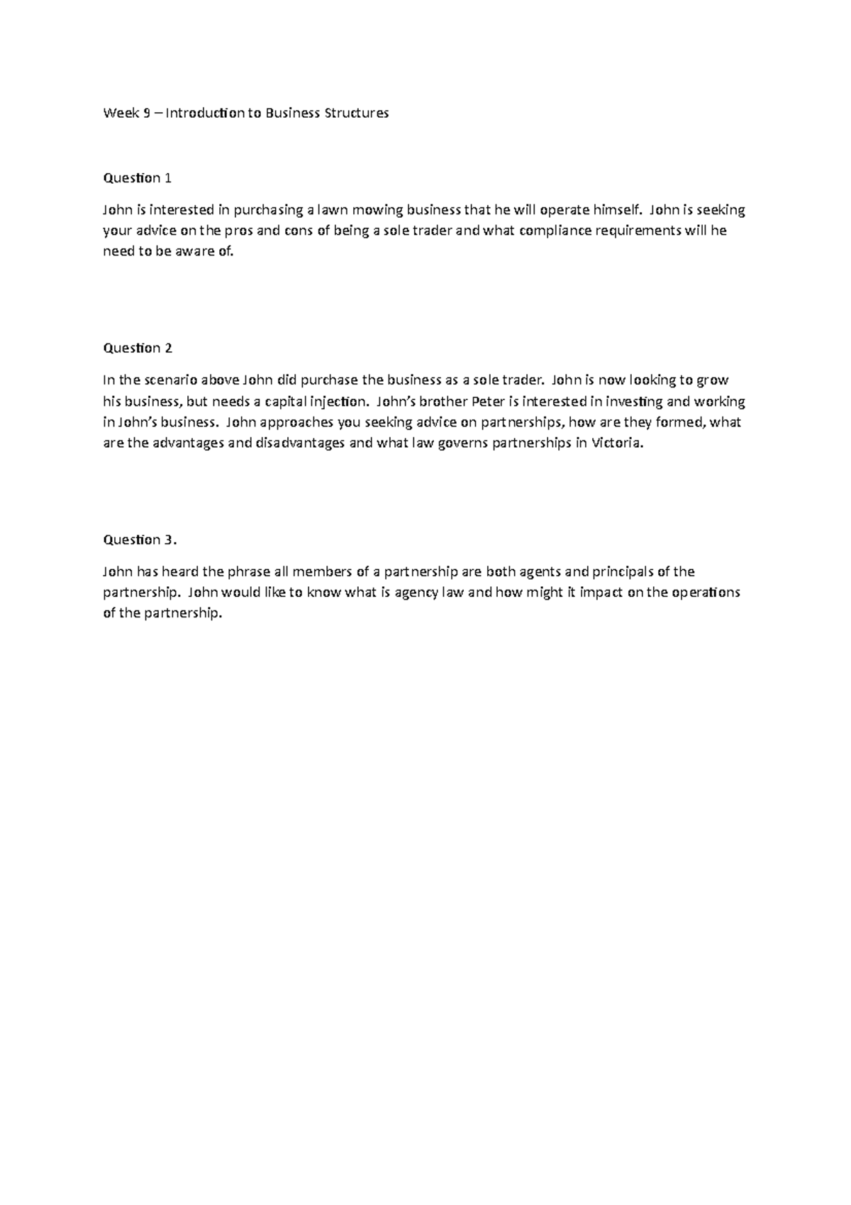 Tutorial Topic 9 Week 10 - Week 9 – Introduction to Business Structures ...