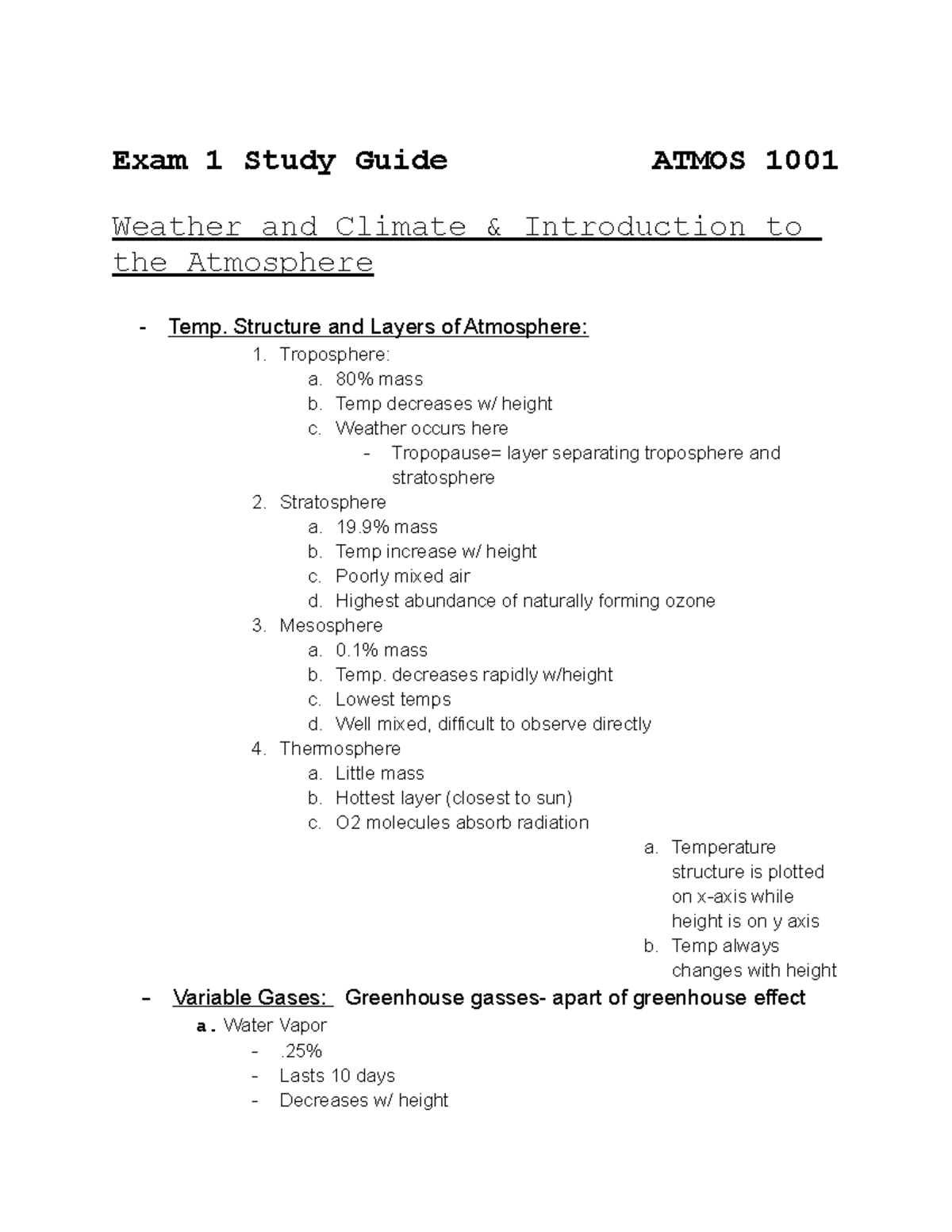 Atmos EXAM 1 Study - lecture notes - Exam 1 Study Guide ATMOS 1001 ...