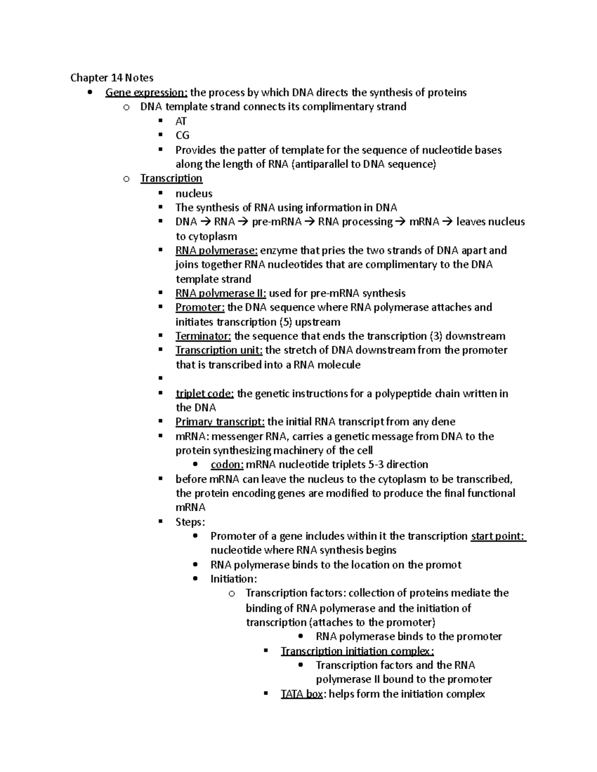 Chapter 14 Notes - Chapter 14 Notes Gene expression: the process by ...