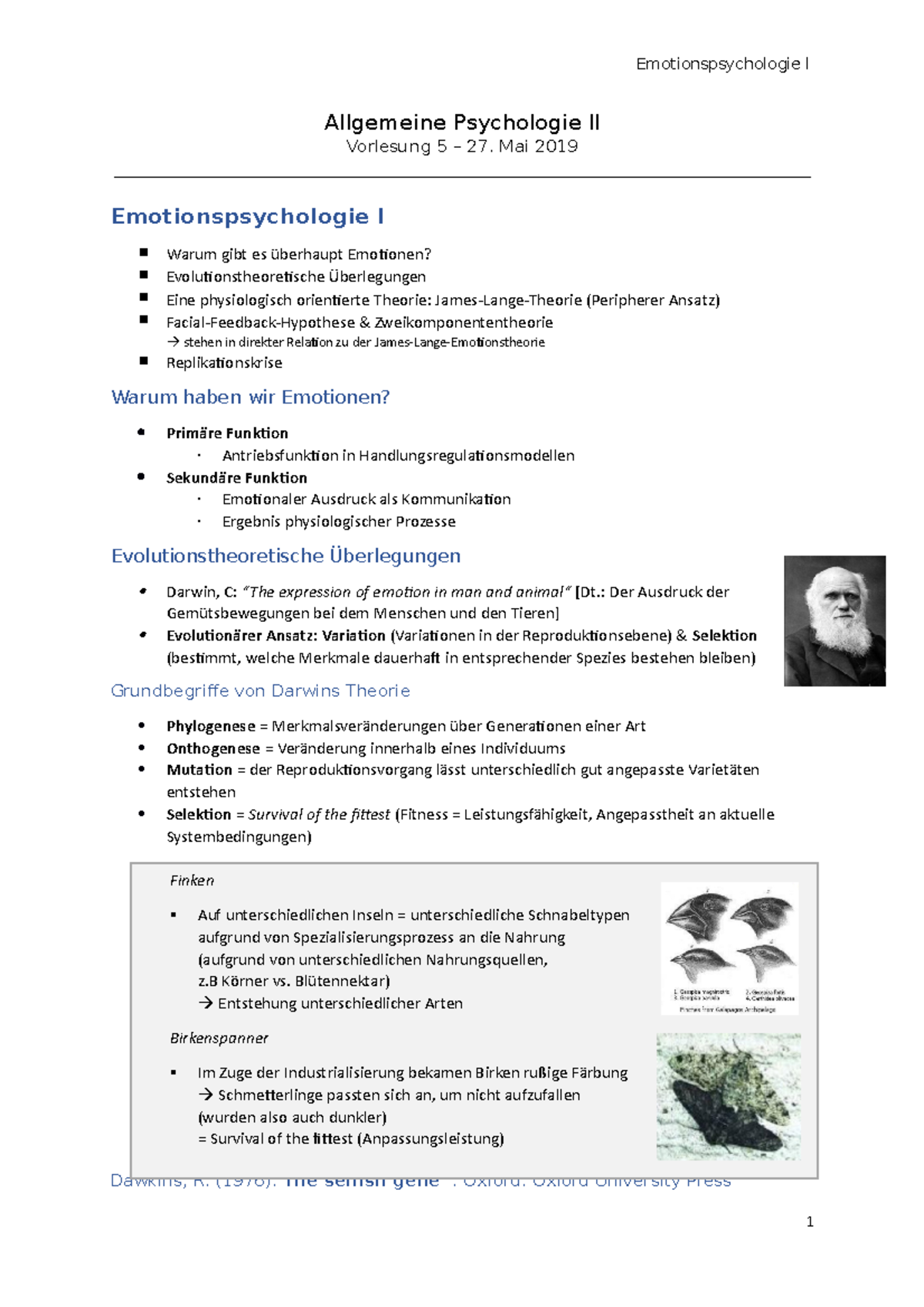 Vorlesung 5 - Emotionspsychologie - Allgemeine Psychologie ll Vorlesung 5 – 27. Mai 2019 - Studocu