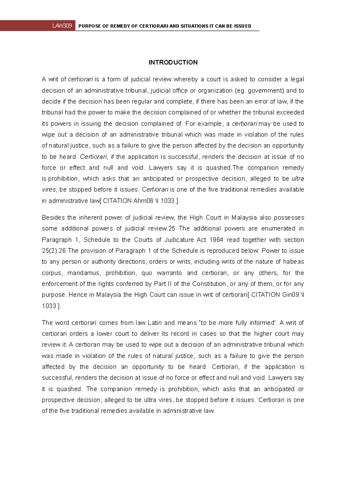 Certiorari PAD309 - INTRODUCTION A writ of certiorari is a form of ...