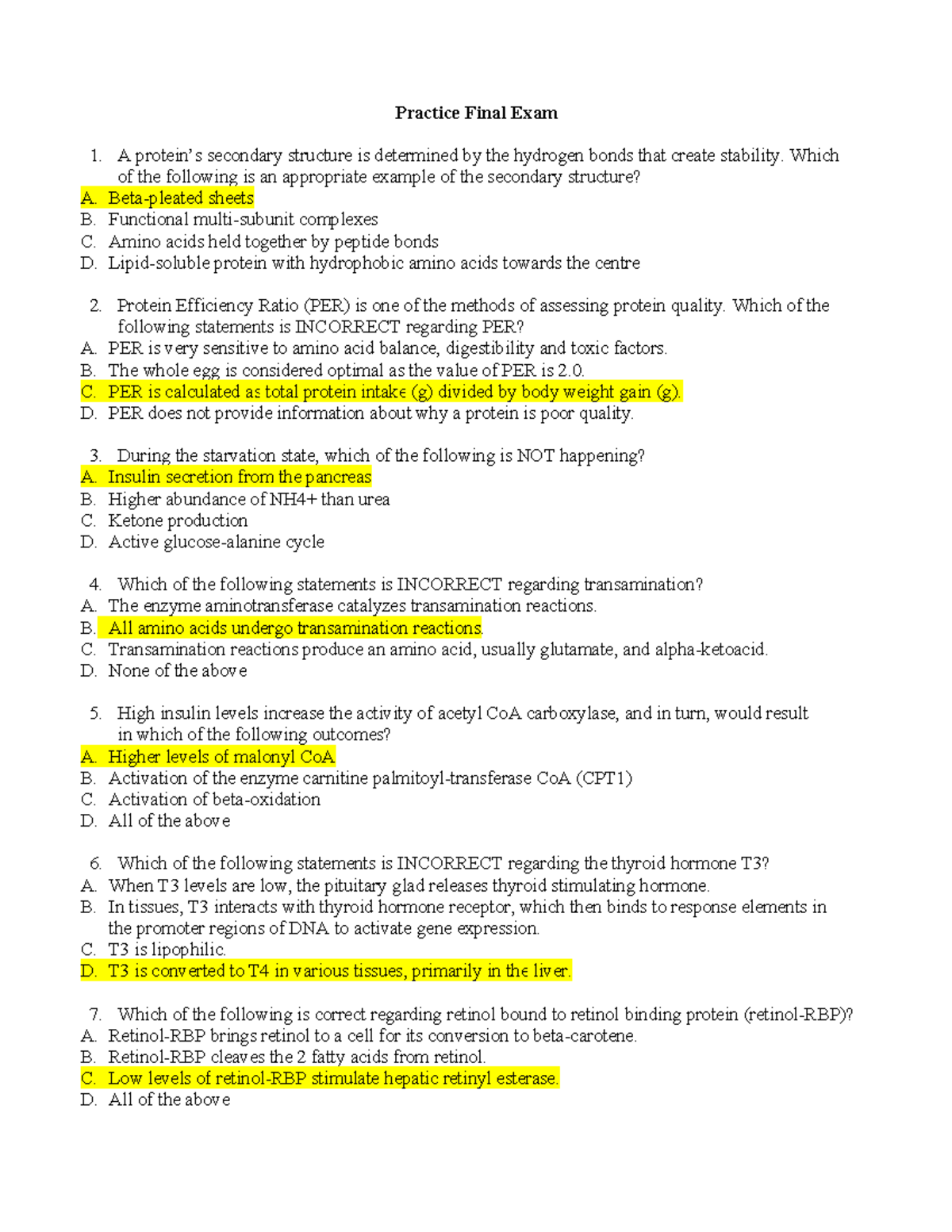 Practice Final Exam F23 Practice Final Exam A Protein S Secondary
