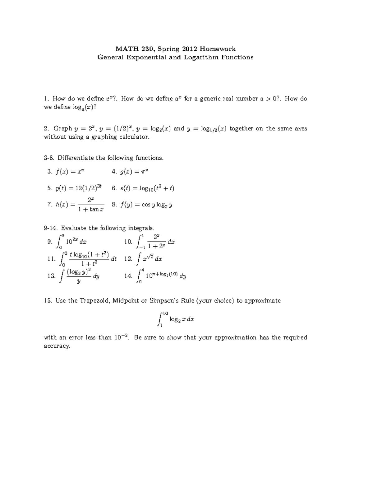 Expandloghw - Lecture notes 2 - MATH 230, Spring 2012 Homework General ...