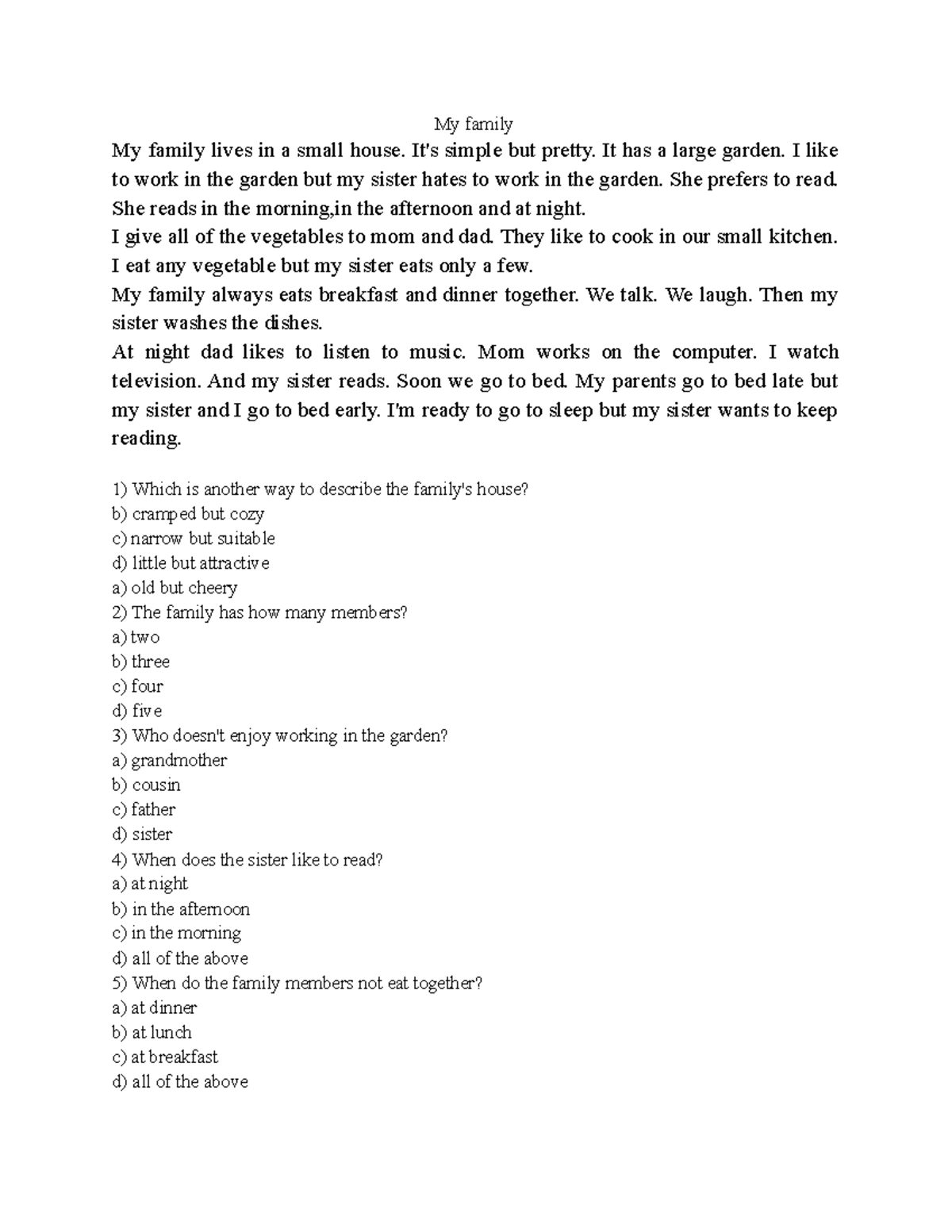 My family reading activity with questions - My family My family lives ...