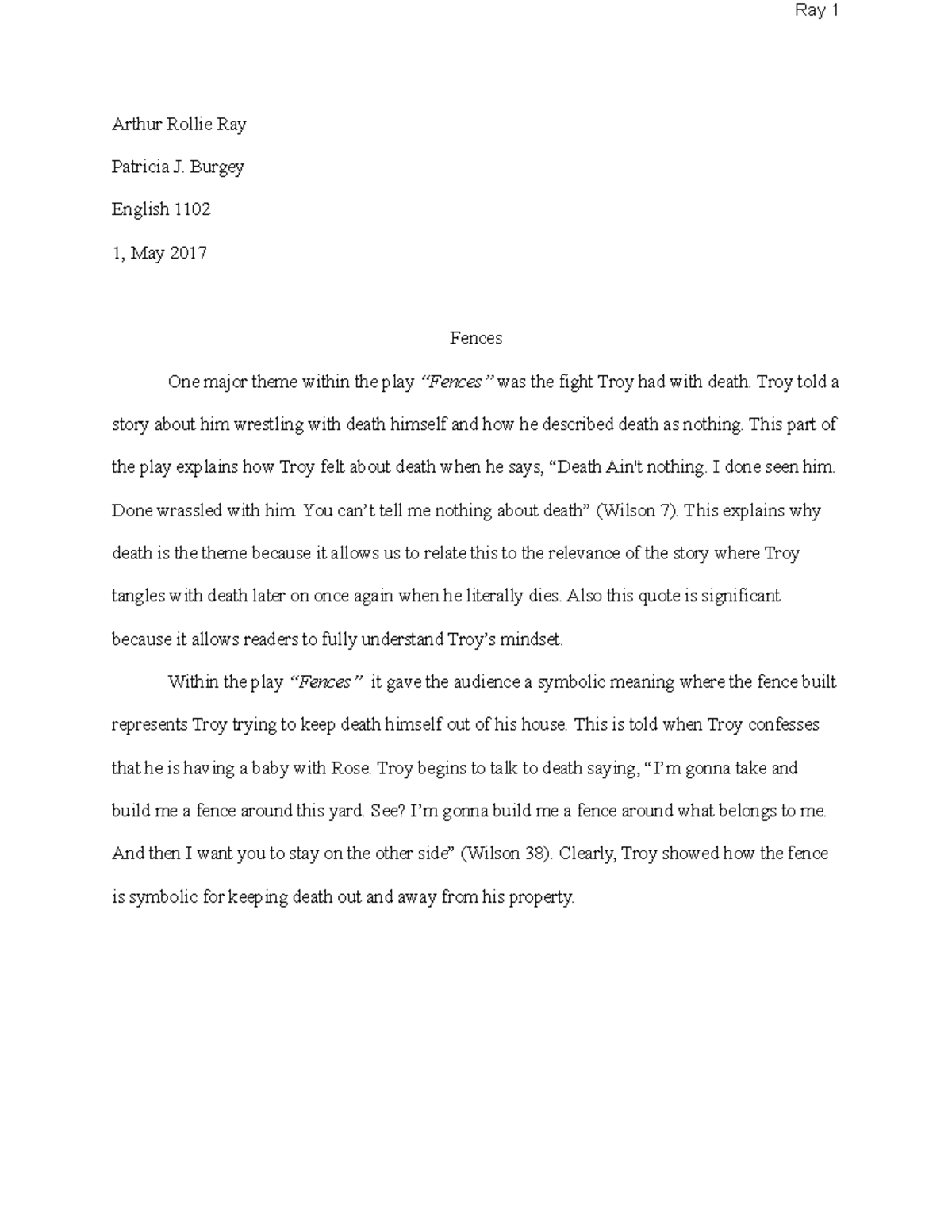 Fence Play Essay requried for class - Ray 1 Arthur Rollie Ray Patricia ...