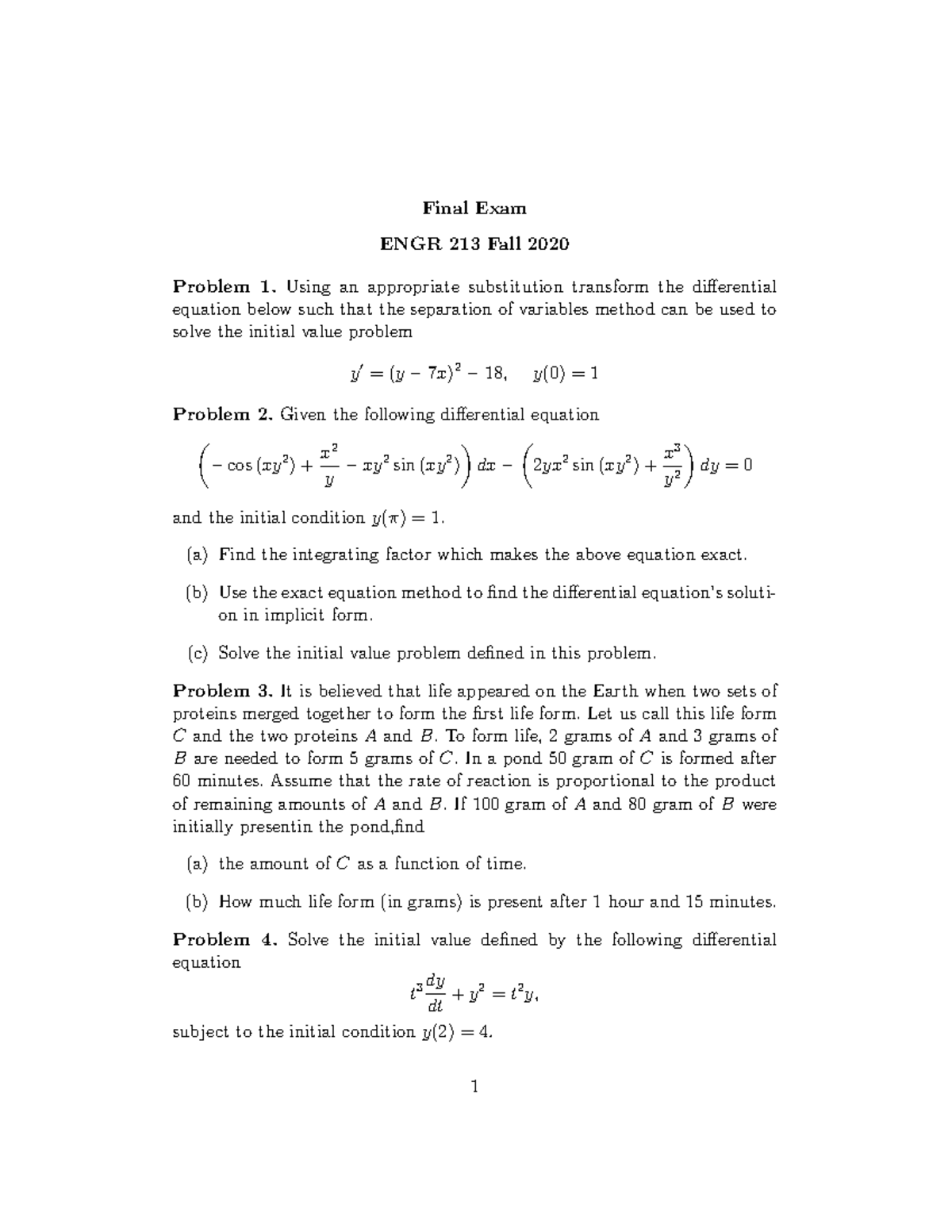 Sample of Final Exam ENGR 213 Fall 2020 - Final Exam ENGR 213 Fall 2020 Problem 1 an appropriate ...