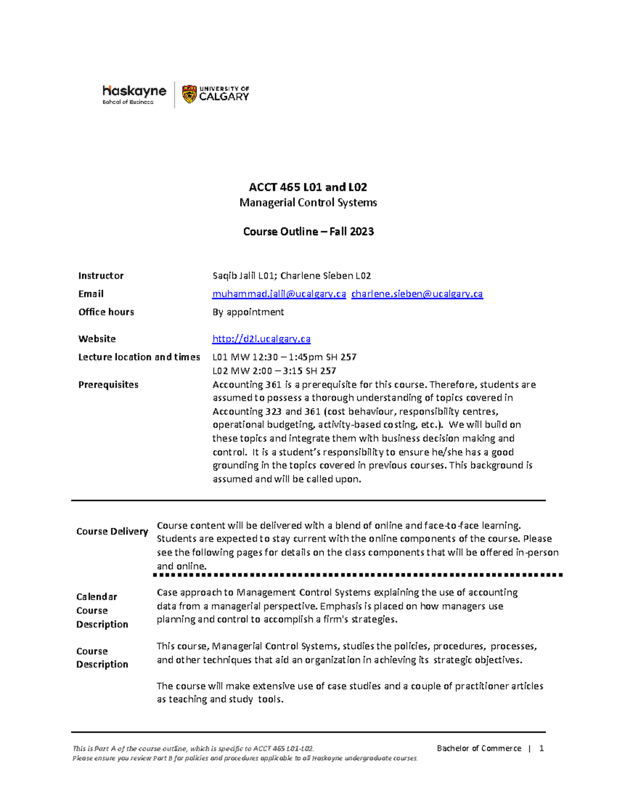 ACCT 465 Course Outline - This is Part A of the course outline, which ...