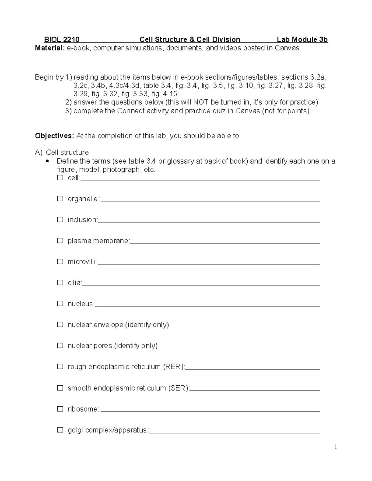Lab 3B Cell Structure & Cell Division (instructions) - BIOL 2210 Cell ...