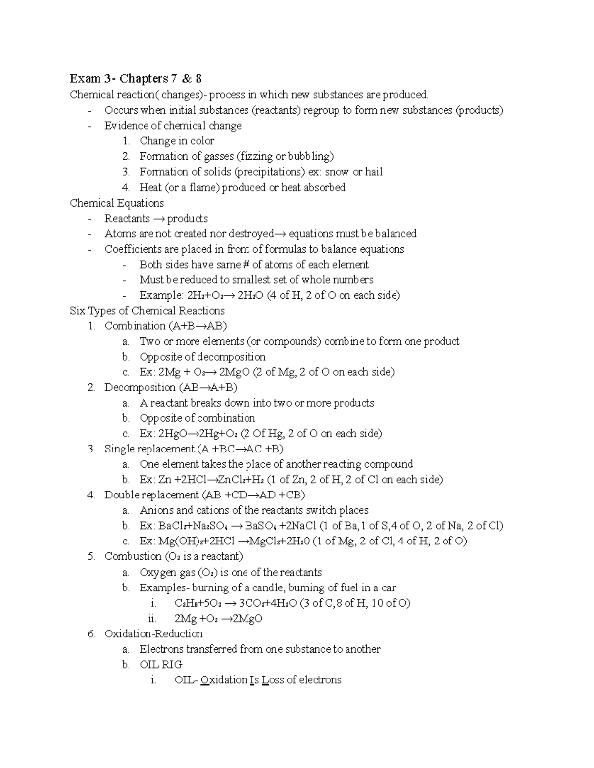 CHE 121 Study Guide-5 - Exam 3- Chapters 7 & 8 Chemical reaction ...