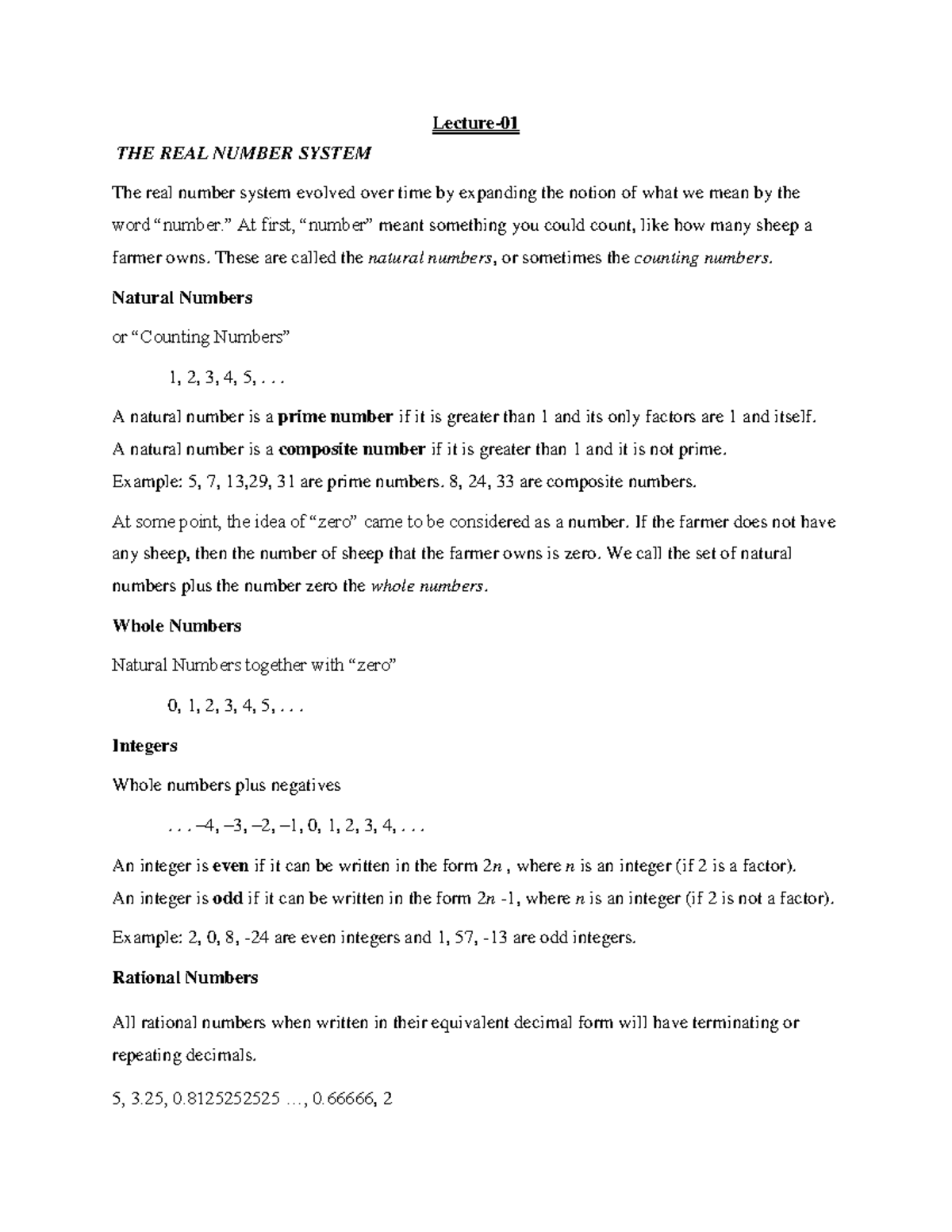 Lecture-01 - Introduction to Real Number System - Lecture- 01 THE REAL NUMBER SYSTEM The real ...
