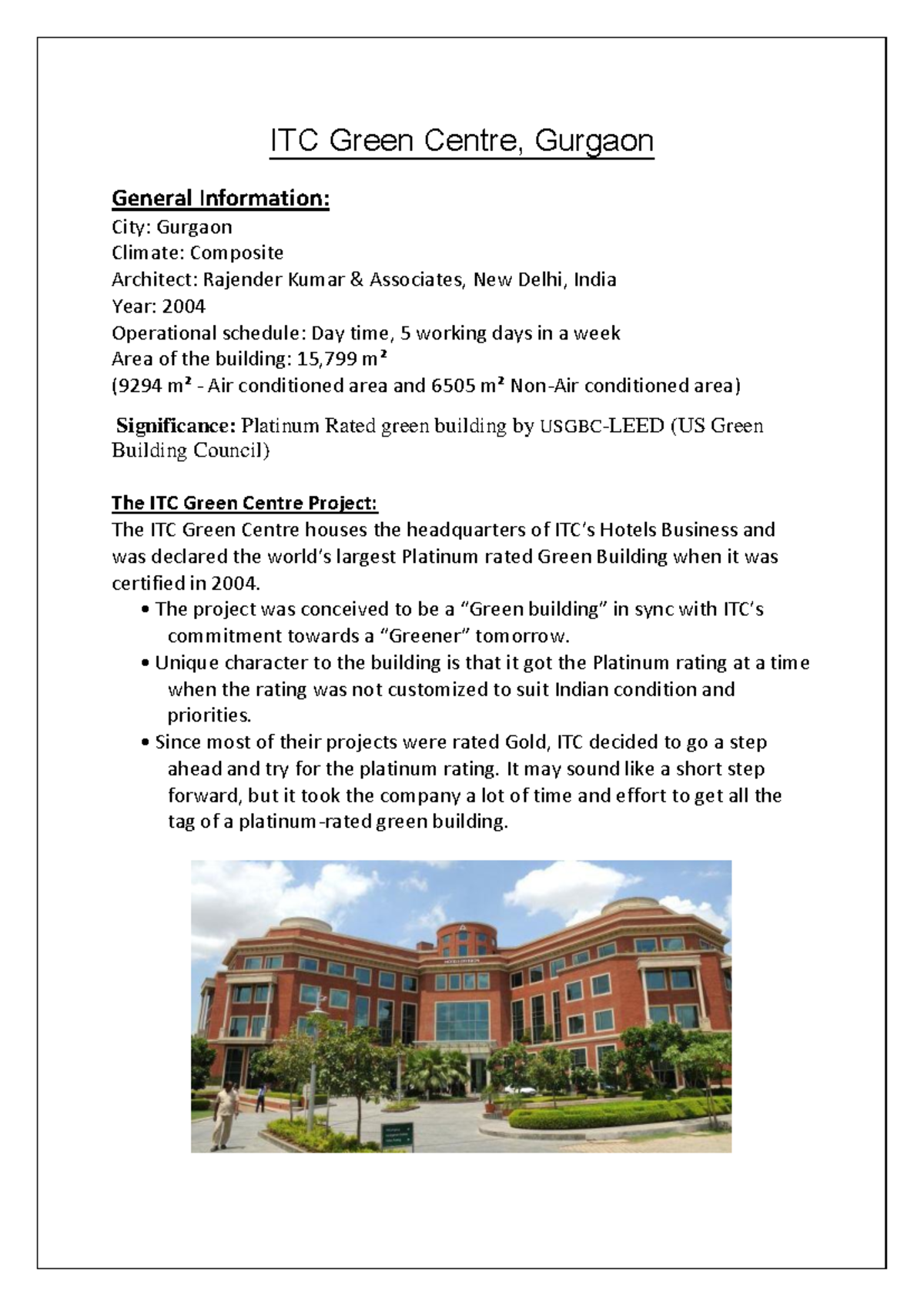 Pdfcoffee - ITC Green Centre, Gurgaon General Information: City: Gurgaon Climate: Composite ...