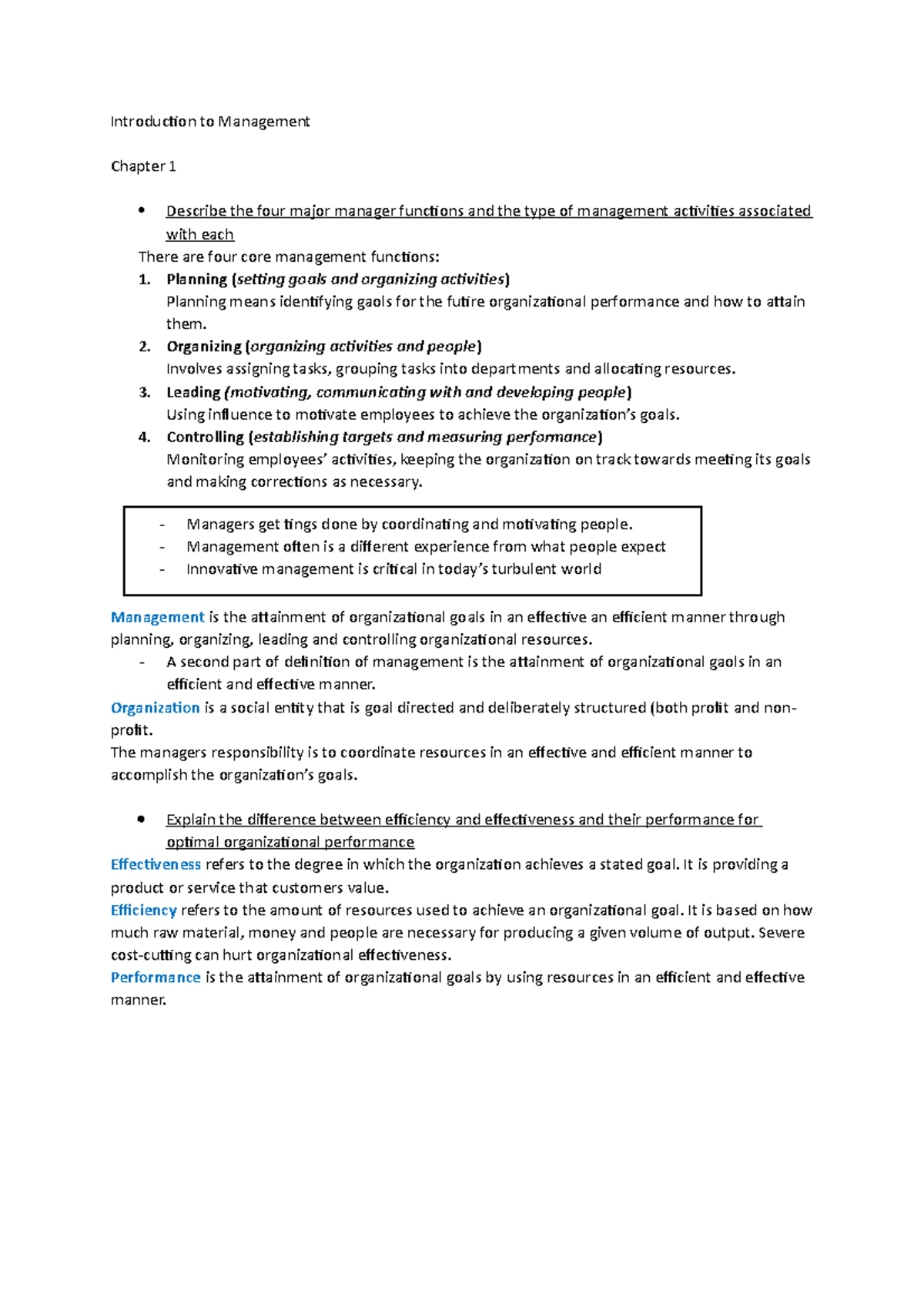 Introduction to Management Summary Chapter 1 - Introducion to ...
