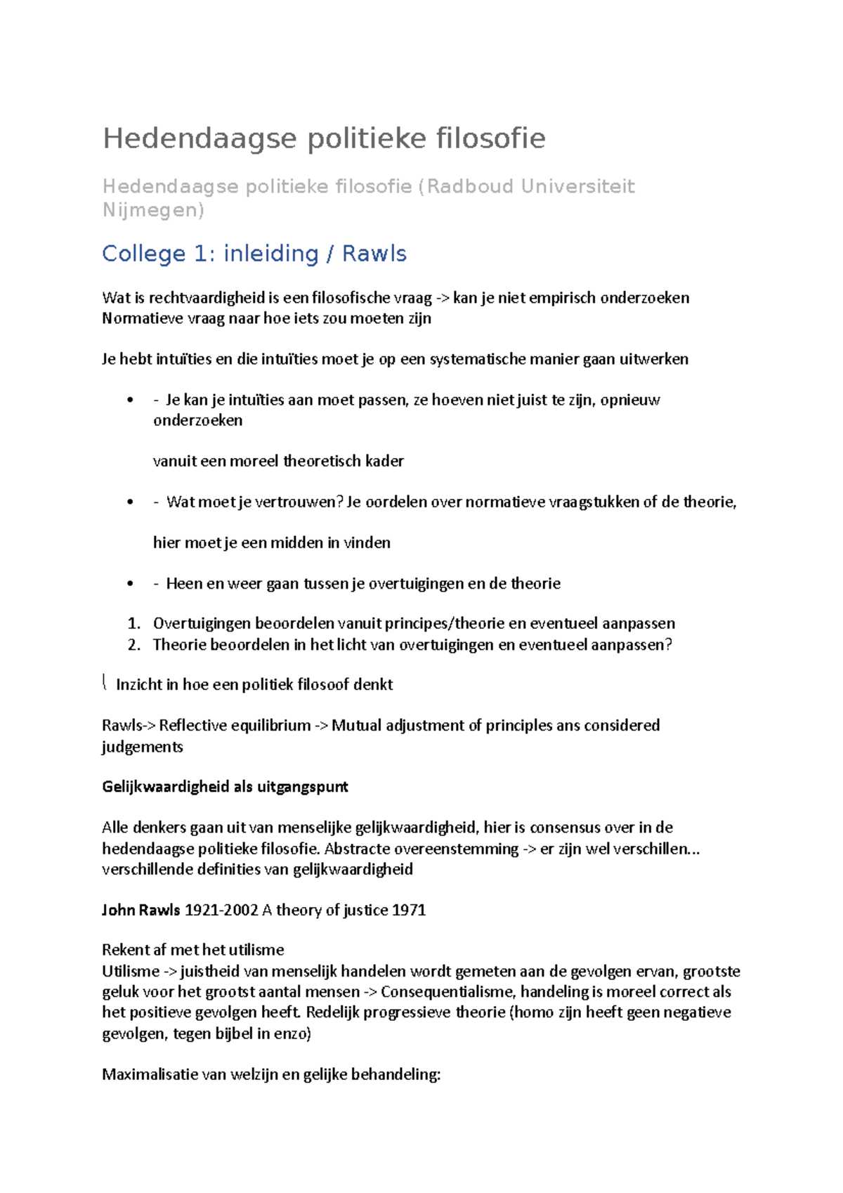 Hedendaagse politieke filosofie - Abstracte overeenstemming -> er zijn ...