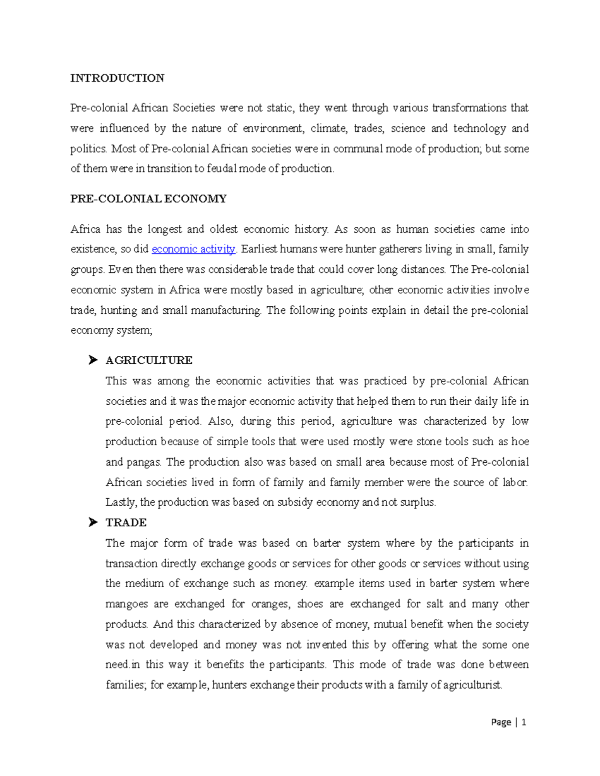 Assesment of Pre colonial Economy in East African Coast. - INTRODUCTION ...