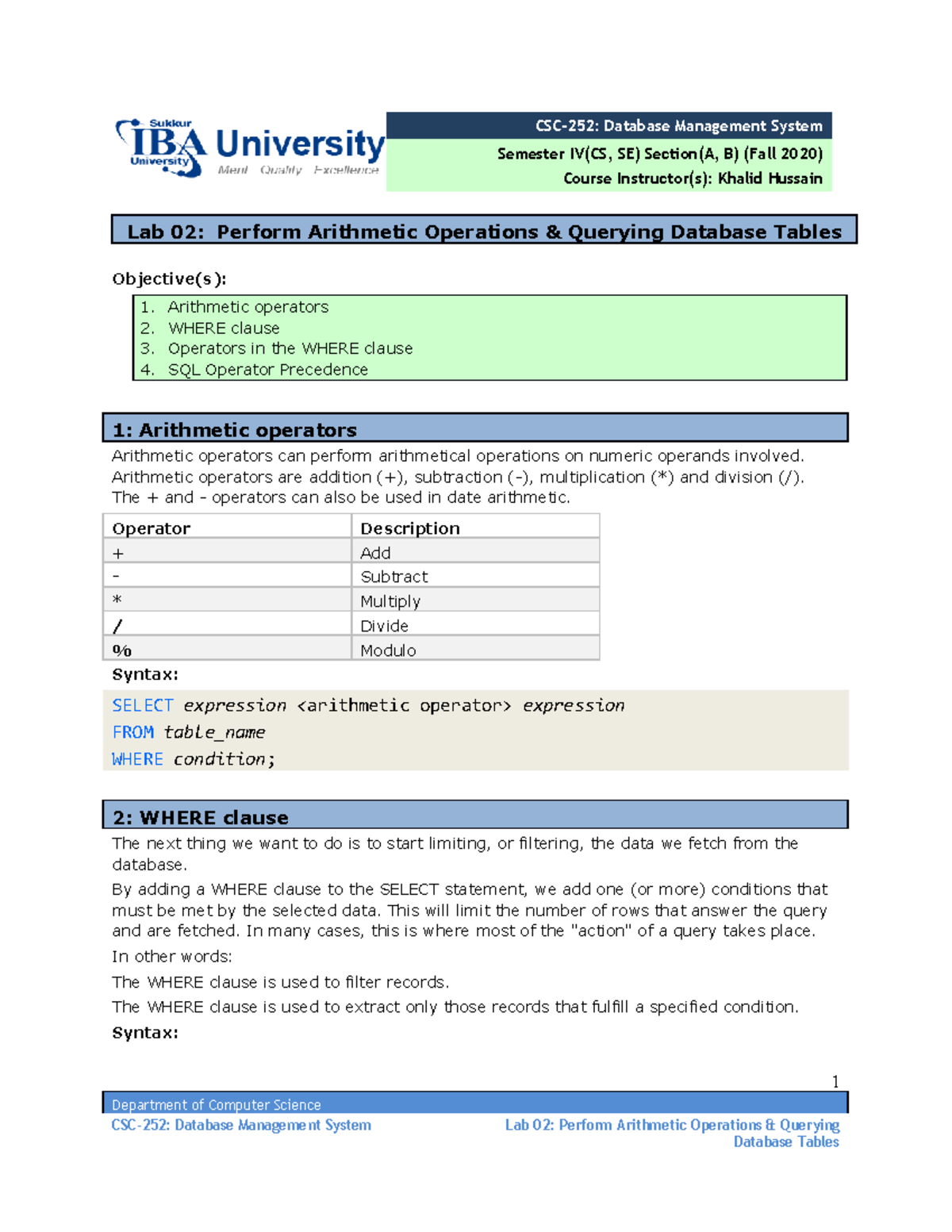 Lab 2 Lab 02 Sql Queries Solved Csc 252 Database Management System Semester Iv Cs Se