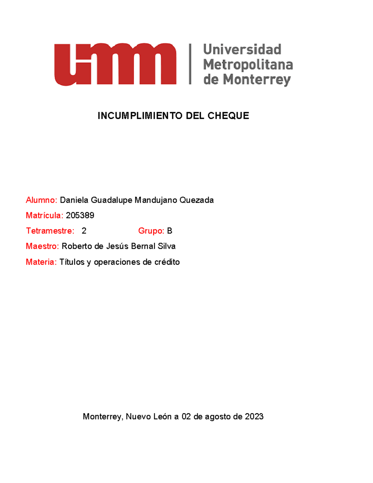 Incumplimiento DEL Cheque-205389 - INCUMPLIMIENTO DEL CHEQUE Alumno ...