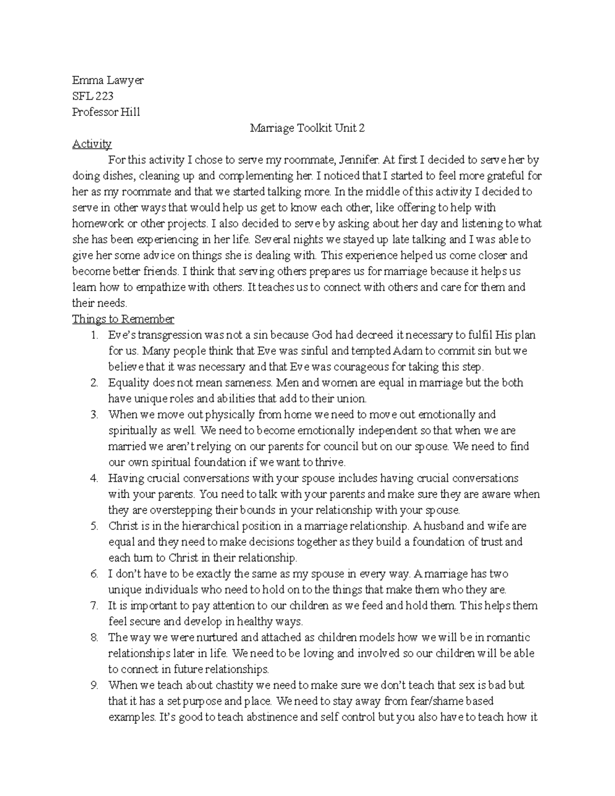 Marriage Toolkit Unit 2 - Emma Lawyer SFL 223 Professor Hill Marriage ...