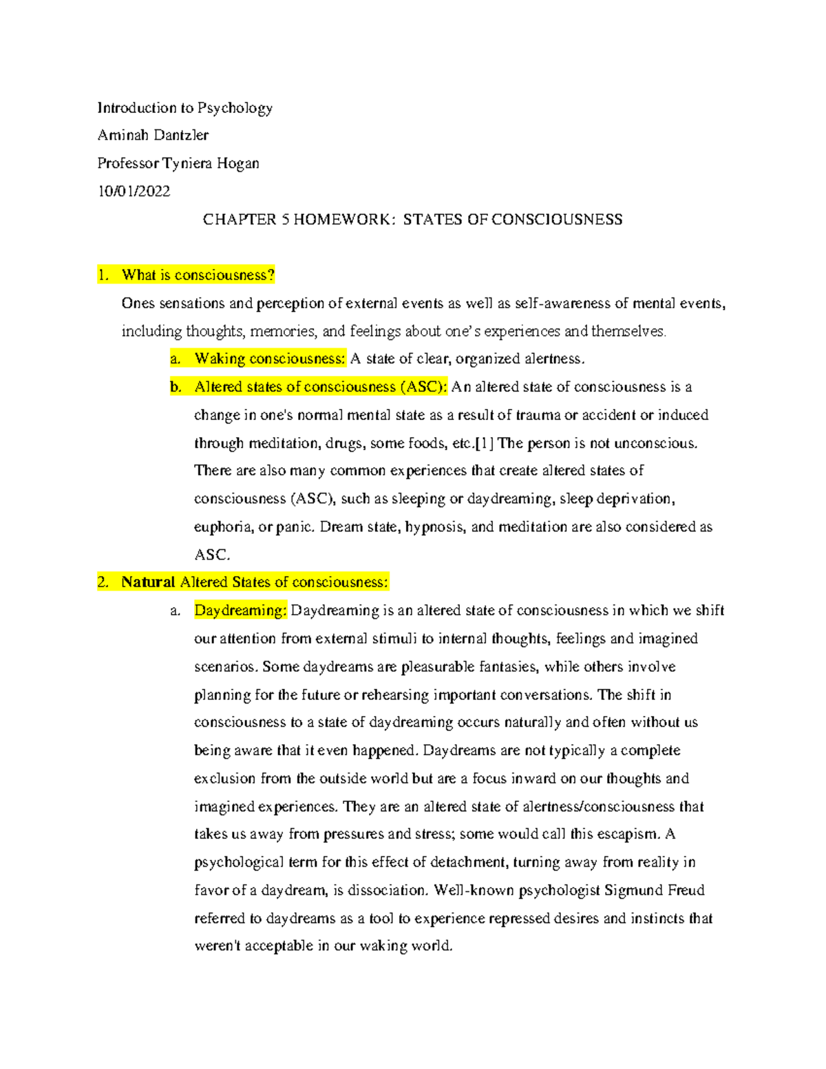 Pyschology Homework Chp 5 Aminah Dantzler - Introduction to Psychology ...