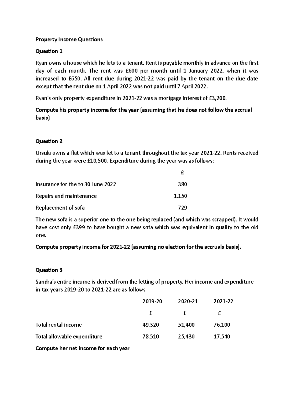 UGB225 Workshop 2 Questions-2 - Property Income Questions Question 1 ...