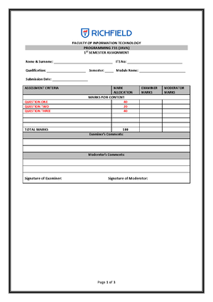 Programming 621 Assignment - FACULTY OF INFORMATION TECHNOLOGY PROGRAMMING 621 ASSIGNMENT Name ...