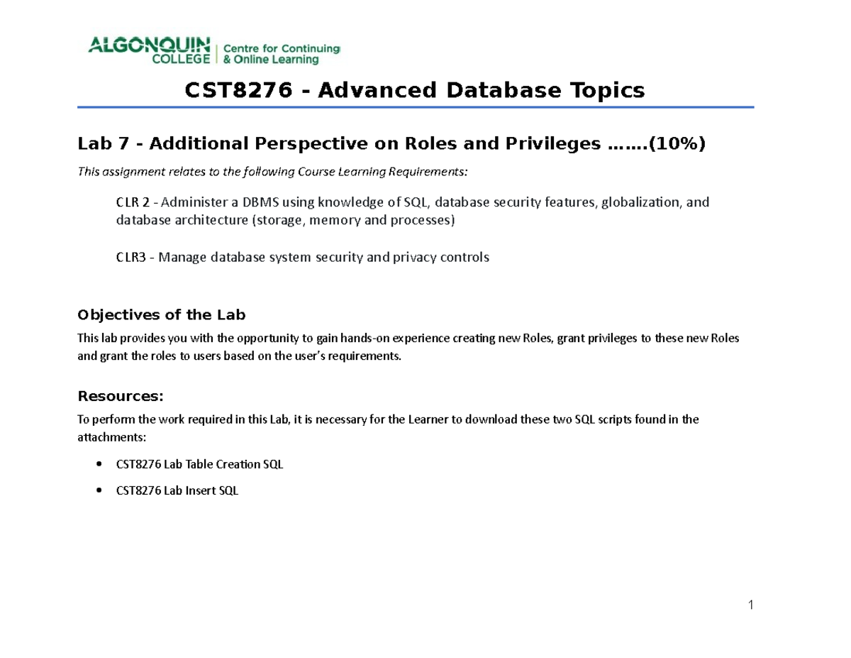 CST8276 - Lab 7 - Additional Perspective on Roles and Privileges - CST8276 - Advanced Database ...