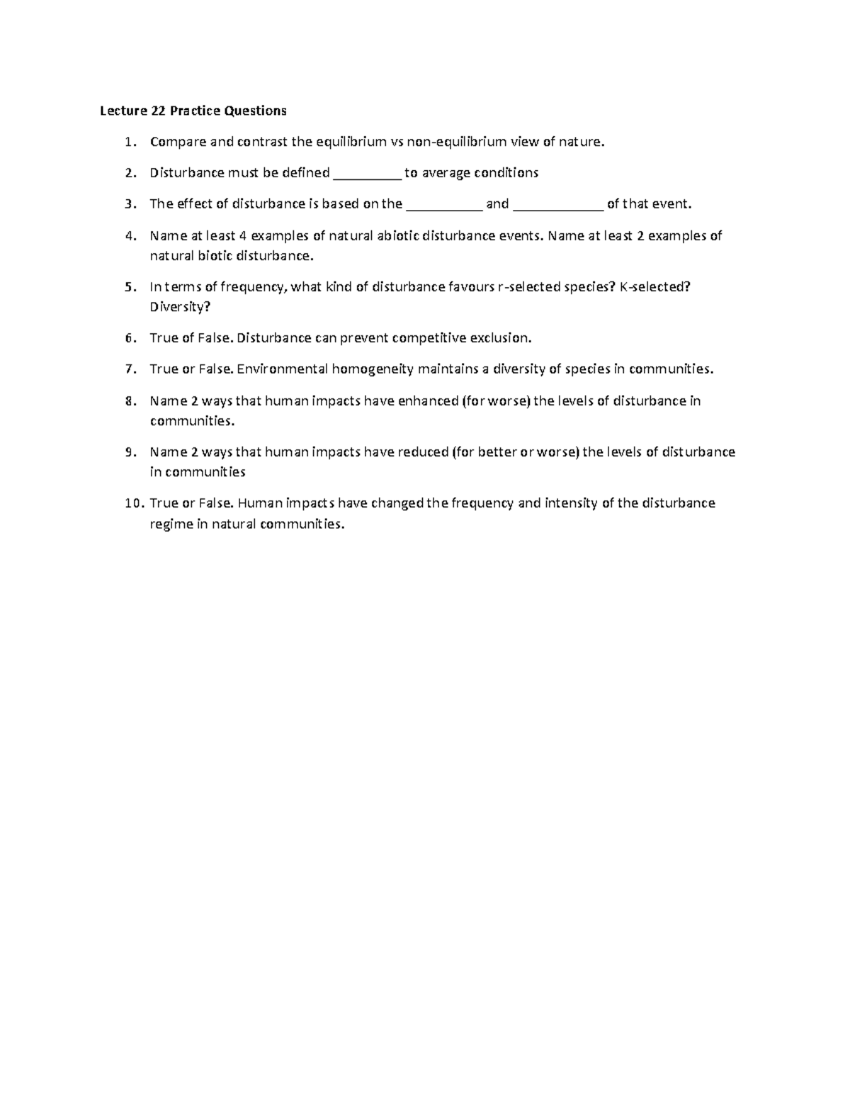 ecology 2060 Sample/practice exam April 2018, questions - Lecture 22 ...