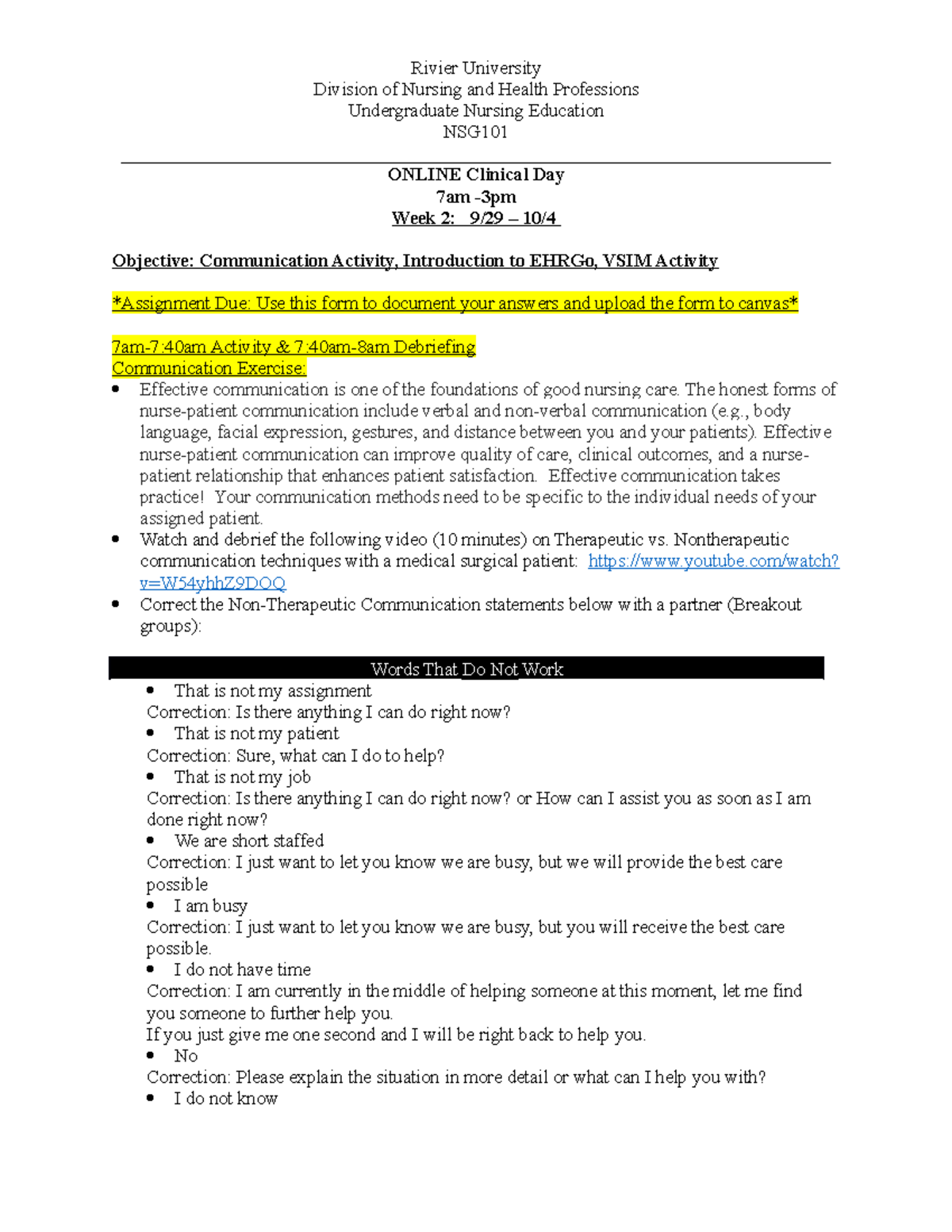 Online Clinical Day- Week 2-1 - Division of Nursing and Health ...