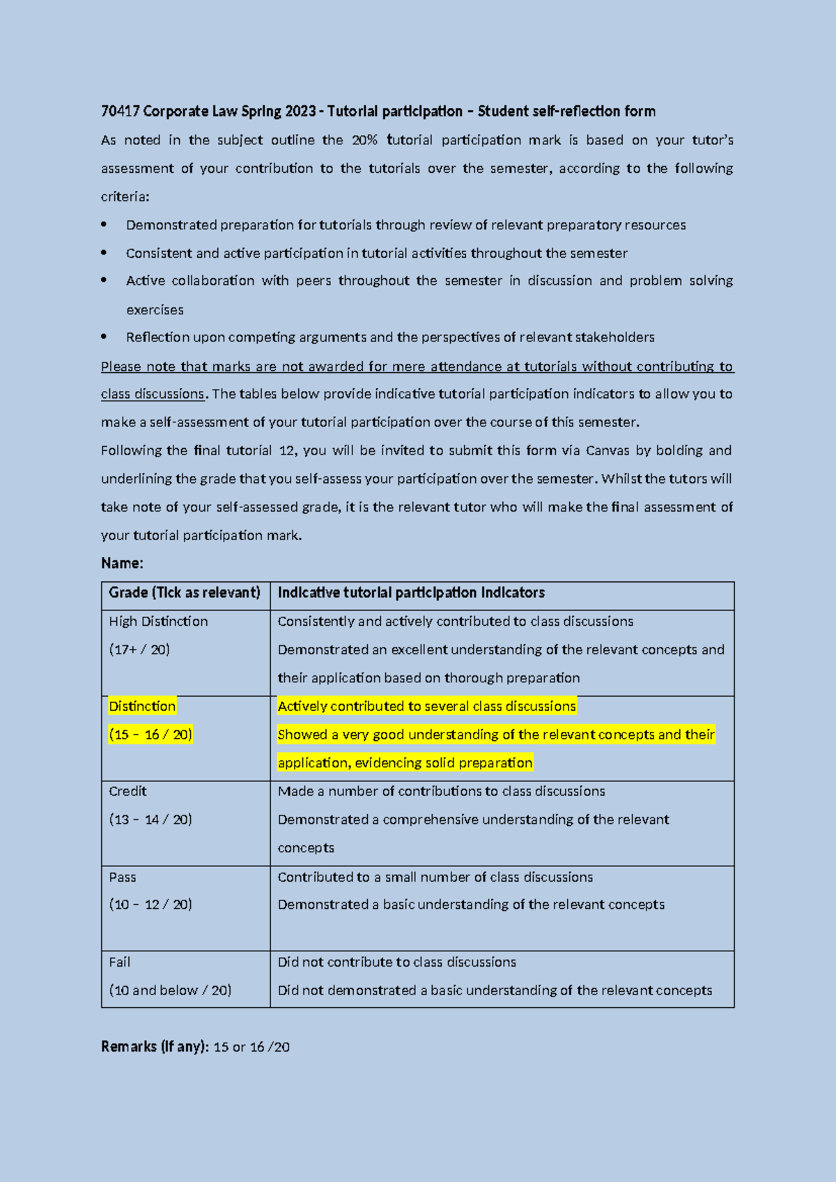 70417 Corporate Law Spring 2023 - Tutorial participation – Student self ...