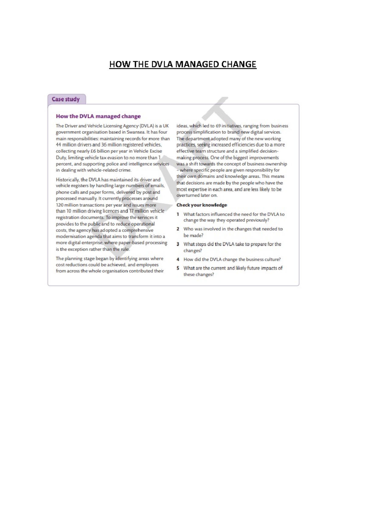 E1 HOW THE DVLA Managed Change - HOW THE DVLA MANAGED CHANGE - Studocu