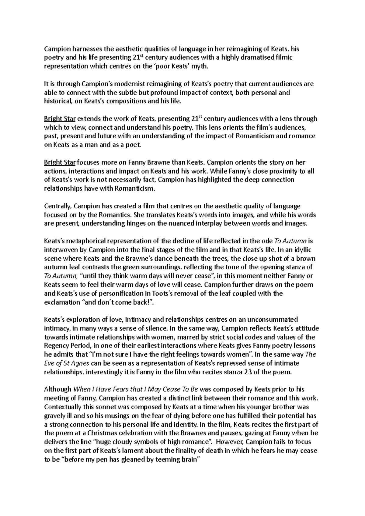 Examples of how to write about poem film Mod A - Campion harnesses the ...