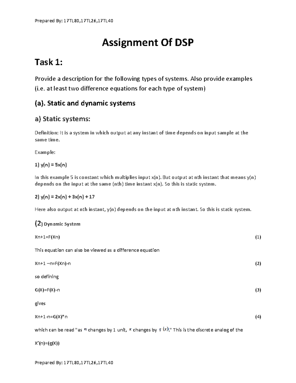 DSP TASK 1 - Assignment Of DSP Task 1: Provide a description for the following types of systems ...