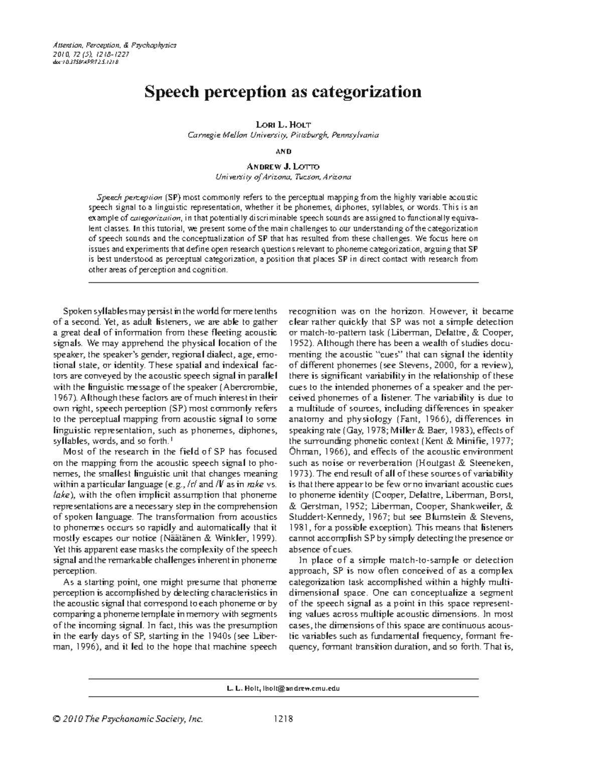 Speech perception as categorization - © 2010 The Psychonomic Society, Inc. 1218 Spoken syllables ...