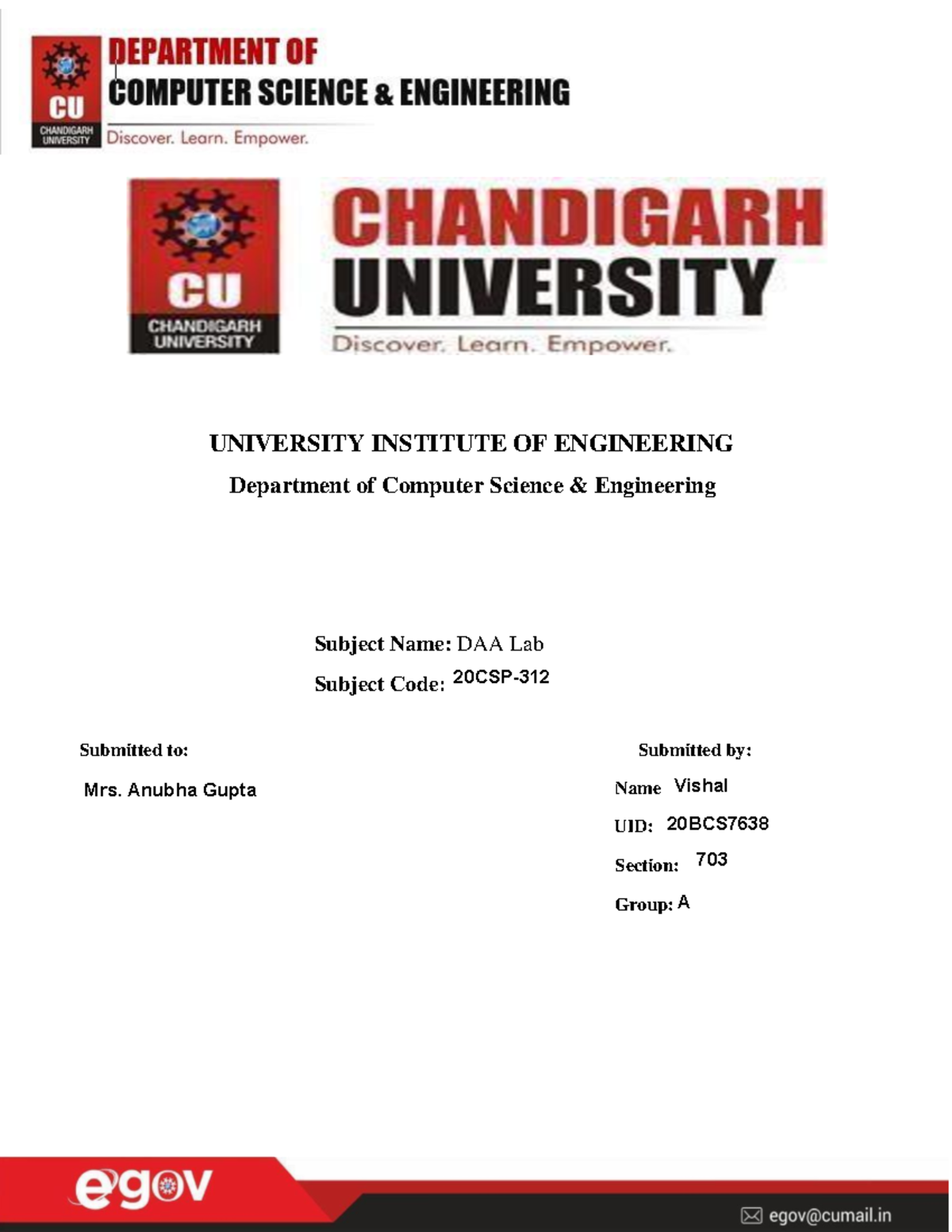 20BET1071 DAA Worksheet Exp-2.2 - UNIVERSITY INSTITUTE OF ENGINEERING Department of Computer ...