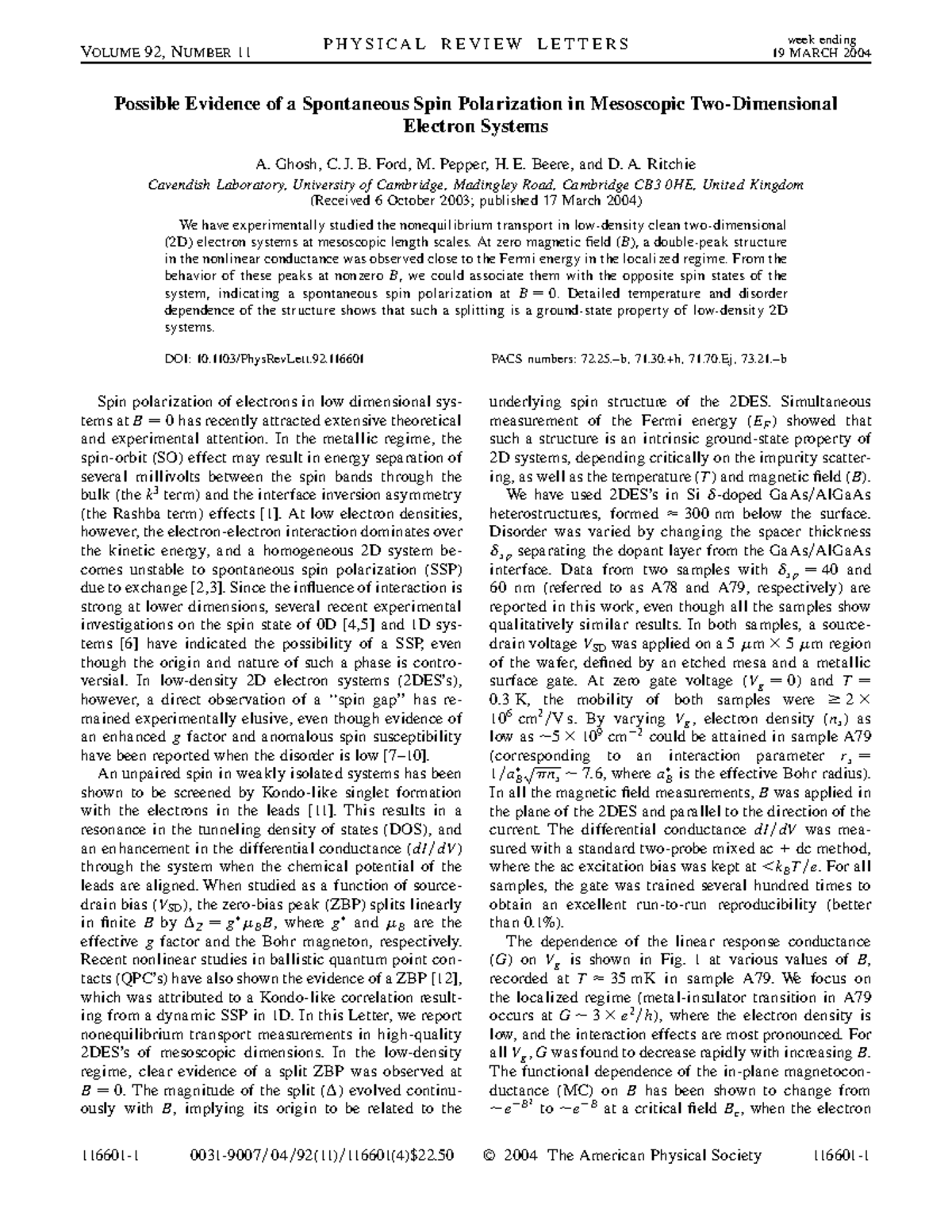 1314378 - Possible Evidence of a Spontaneous Spin Polarization in Mesoscopic Two-Dimensional ...